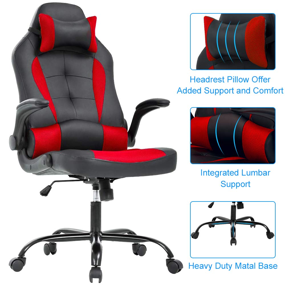 Meet perfect Gaming Chair Ergonomic Office Chair Desk Chair Leather Computer Chair Lumbar Support and Head Pillow Modern Executive Chair Adjustable Rolling Swivel Task Chair Home Office Chair, Red