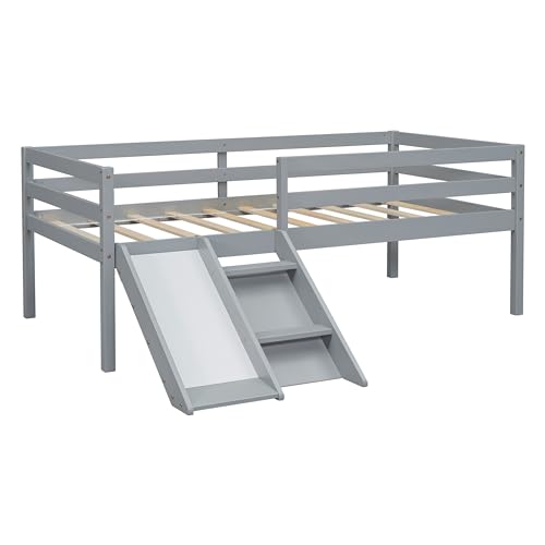 Twin Loft Bed with Slide, Twin Kids Loft Bed with Slide & Ladder, Wood Low Loft Bed Frame with Safety Guardrails, Sturdy Slat Support, Twin Kid Bed Low Loft Bed for Kid, Boys Girls, Grey