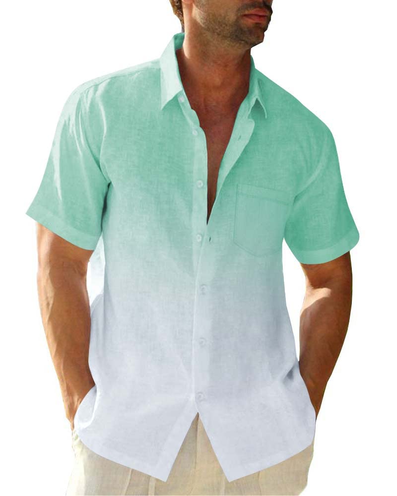 Mens Gradient Linen Shirts Casual Button Down Short Sleeve Beach Hippie Shirts Mint Green