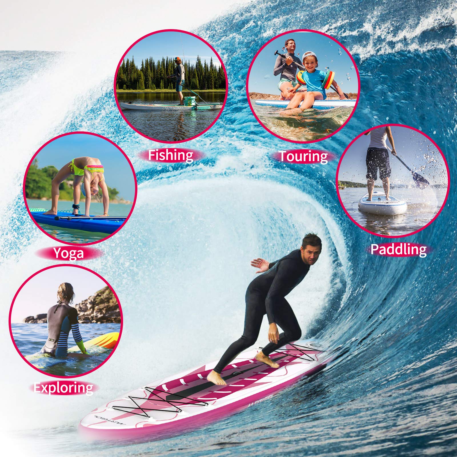 Murtisol 11'32" 6” Inflatable Stand Up Paddle Board with Premium SUP Accessories, Bottom Fin for Paddling, Leash and Hand Pump Non-Slip Deck Standing Board with 2 Waterproof Bags,Pink