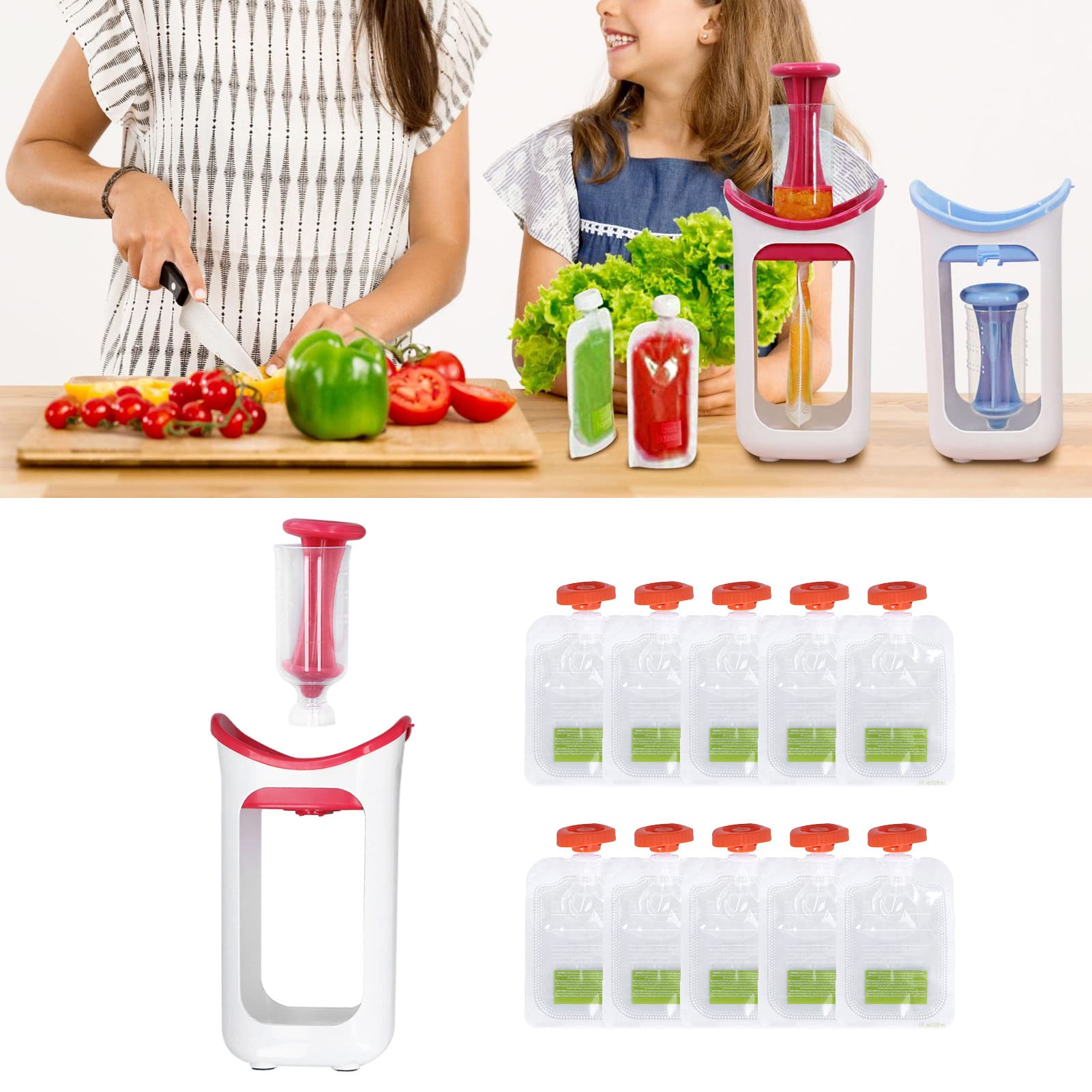 WALFRONT Baby Squeeze Station Portable Fruit Puree Squeezer Infant Baby Food Maker with 10pcs Squeeze Subpackage Bag Home Kitchen Tools (Red)