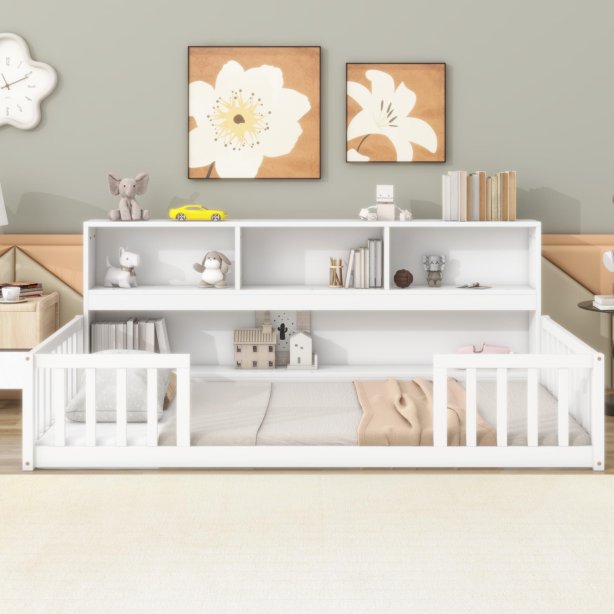 Twin Size Floor Bed with Bedside Bookcase and Shelves, Multifunctional Platform Bed with Guardrails, Wood Captain Bed with Storage Headboard, Low Floor Bed for Kids Teens (White * Twin,Guardrails)