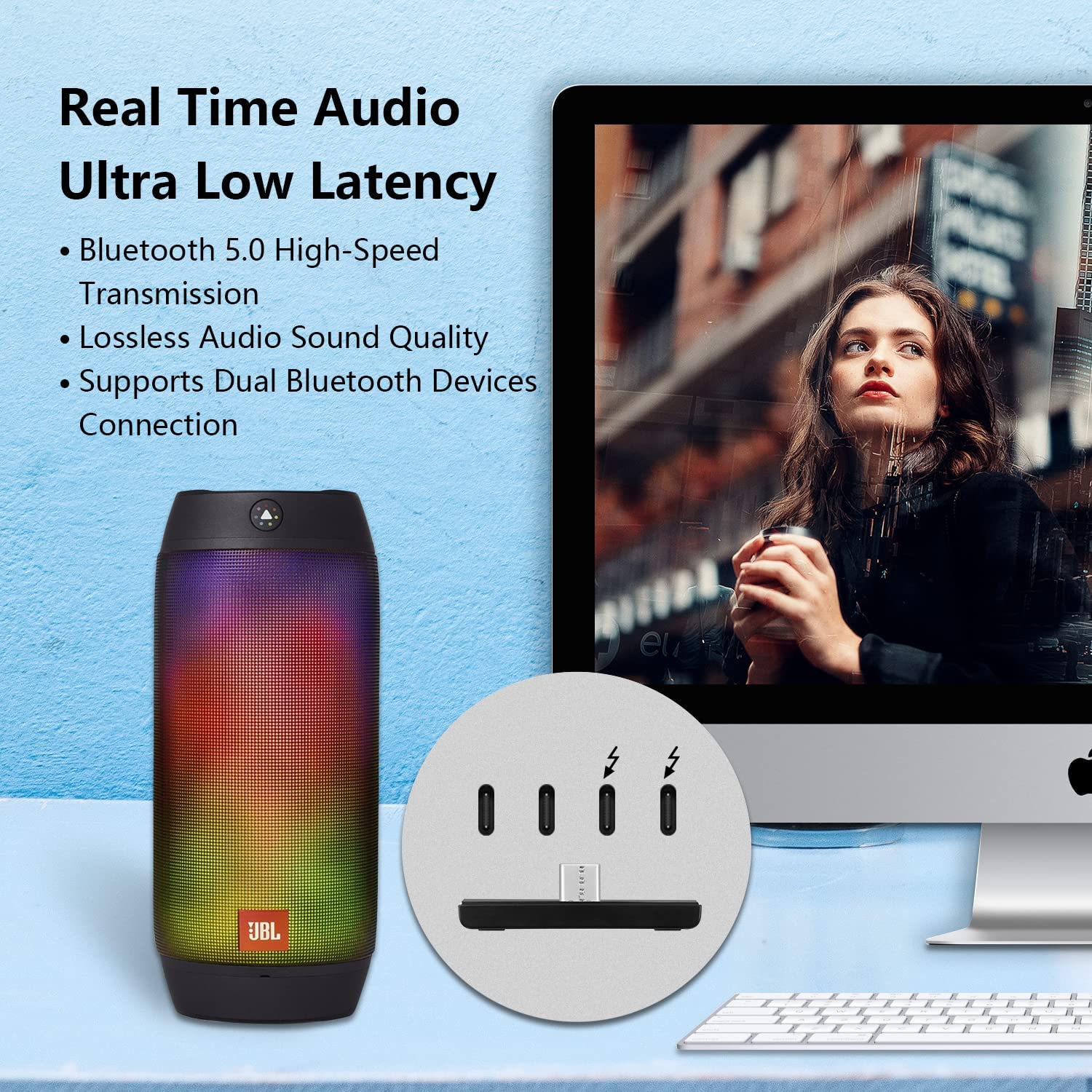 PEPPER JOBS Dual Bluetooth 5.0 USB-C Adapter, Compatible with PC/Laptop/TV/Switch/PS4/PS5, Wireless Audio Transmitter with aptX Low Latency, Dual Bluetooth Devices Connecting, 3.5 mm Mic Chat(Black)