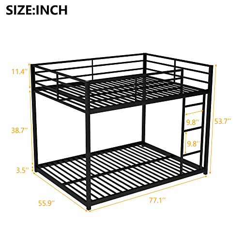 Merax Full Over Full Metal Heavy Duty Low Bunk Bed with Safety Guard Rails and Ladder, No Box Spring Needed, Black