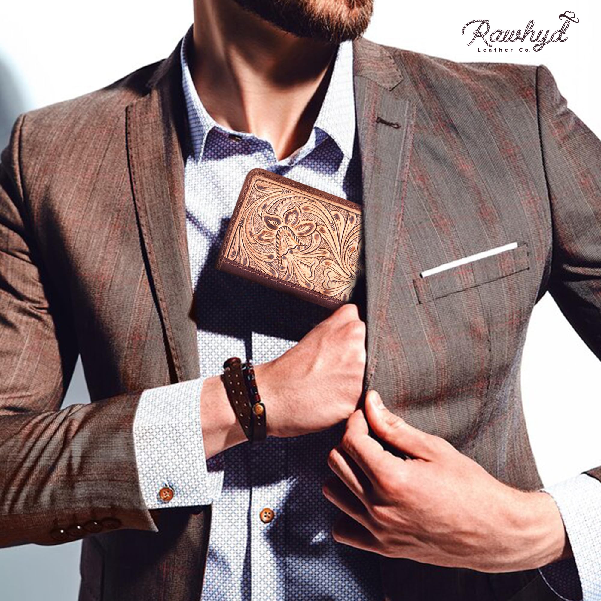 Mens Tooled Leather Wallet β RFID-Blocking Long Wallets for Men - Full Grain Leather Cowboy Wallets for Men β Floral Tooled Mens Western Wallets w/ Credit Card Sleeves - Country Western Gifts for Men