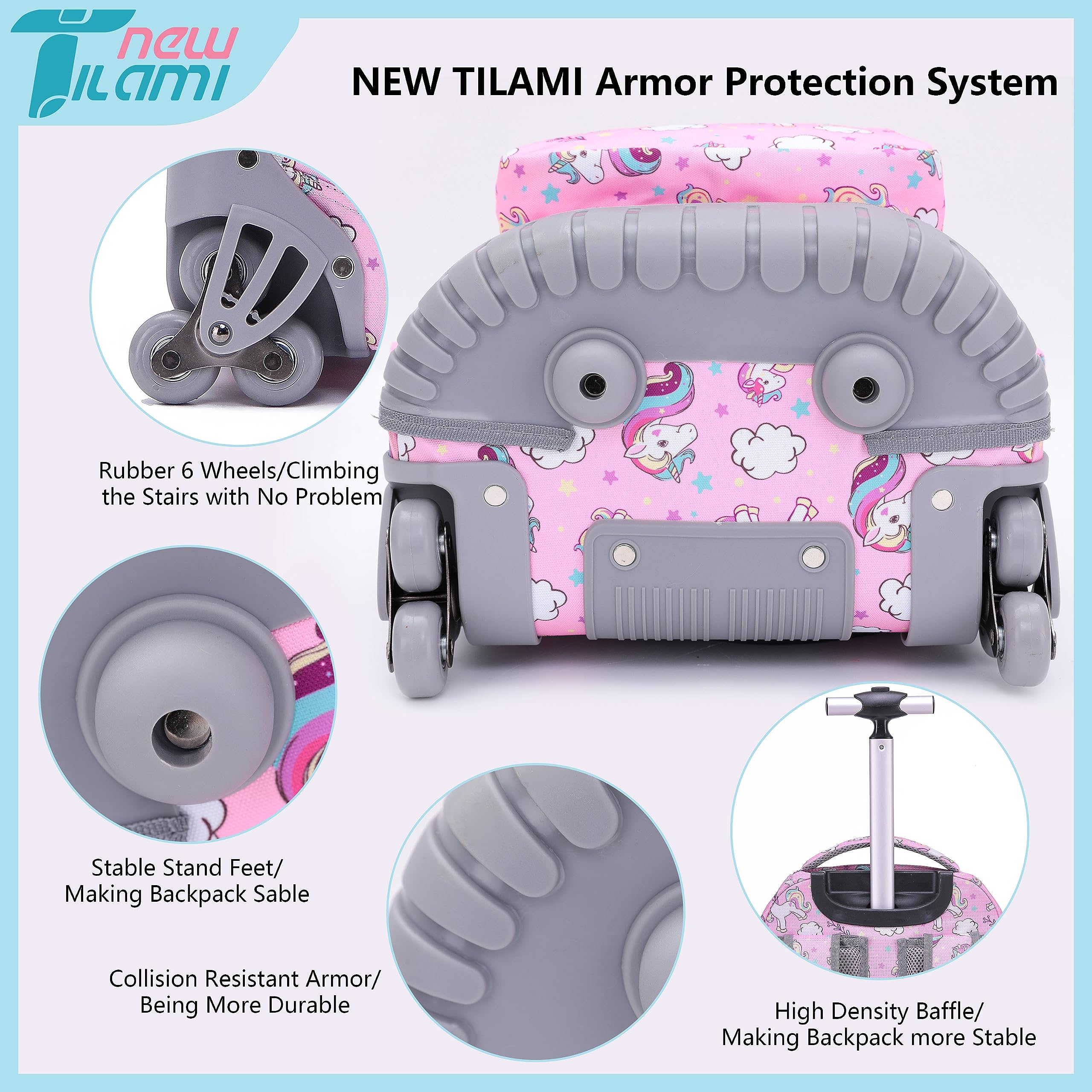 NEW TILAMI Unicorn Rolling Backpack for Kids, 18 Inches Adjustable Laptop Backpack with Wheels for Girls to School Travel Camping Boys Rolling Backpack