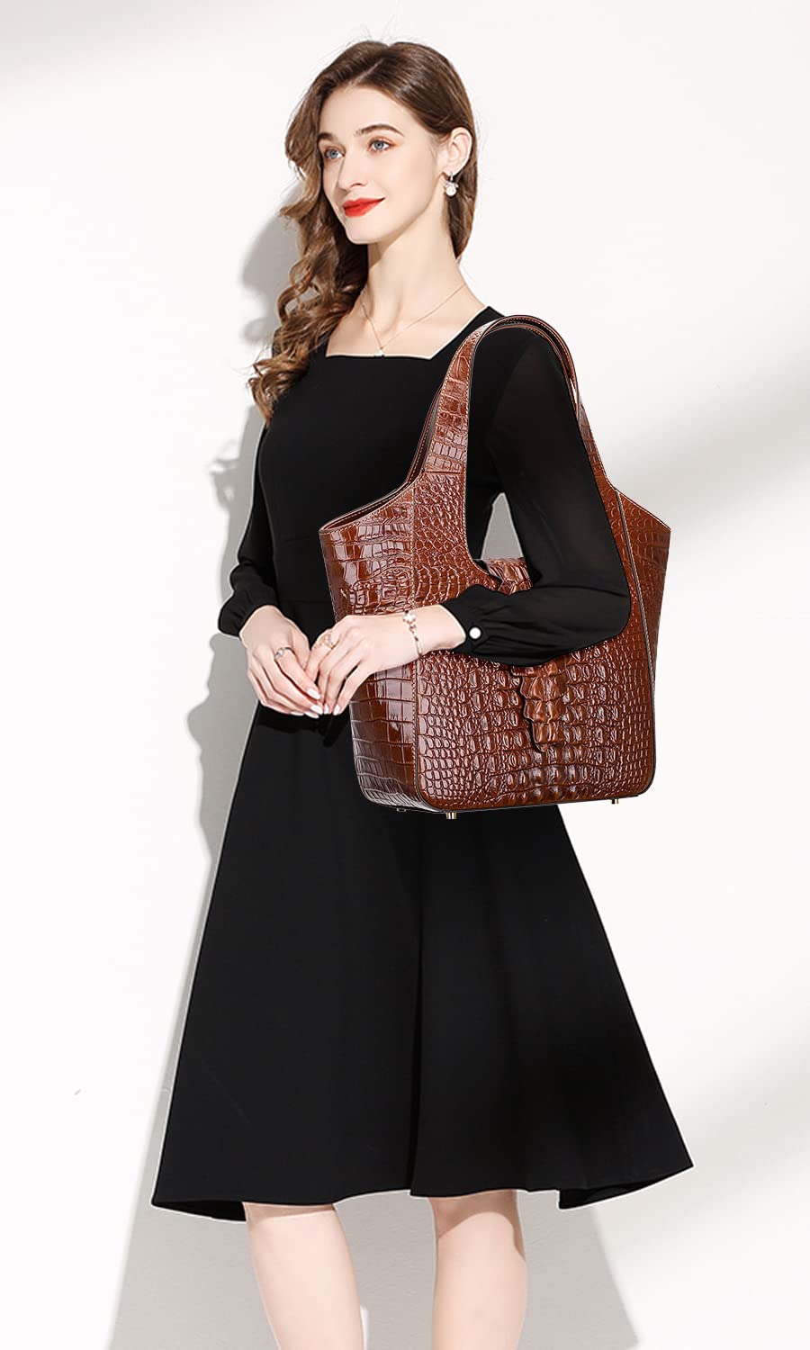 PIJUSHI Designer Hobo Bag for Women Crocodile Leather Shoulder Purse(66315 Brown)