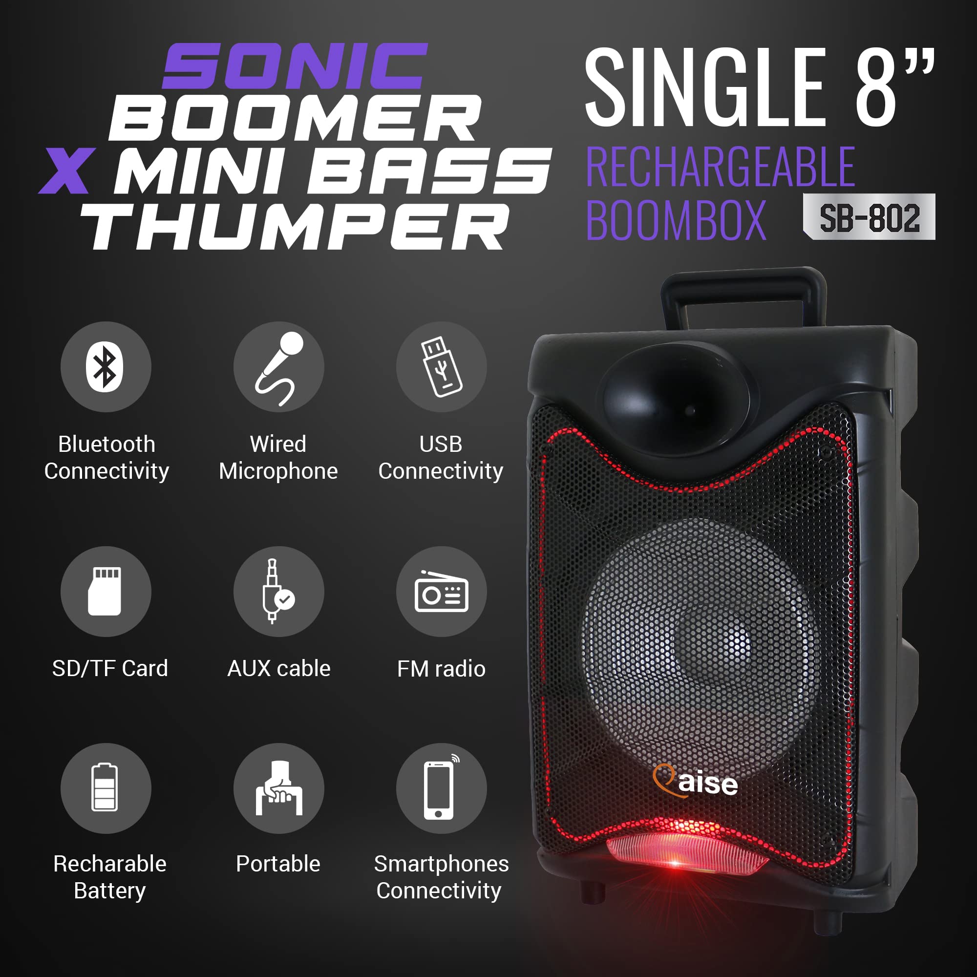 QAISE Professional Bluetooth Speaker Party Boombox Karaoke Machine with Deep Bass, 8” Subwoofer, 1.5” Tweeters, LED Lights, Compact System for Parties & Events, 3500 Watts Power (Mini Bass Thumper)