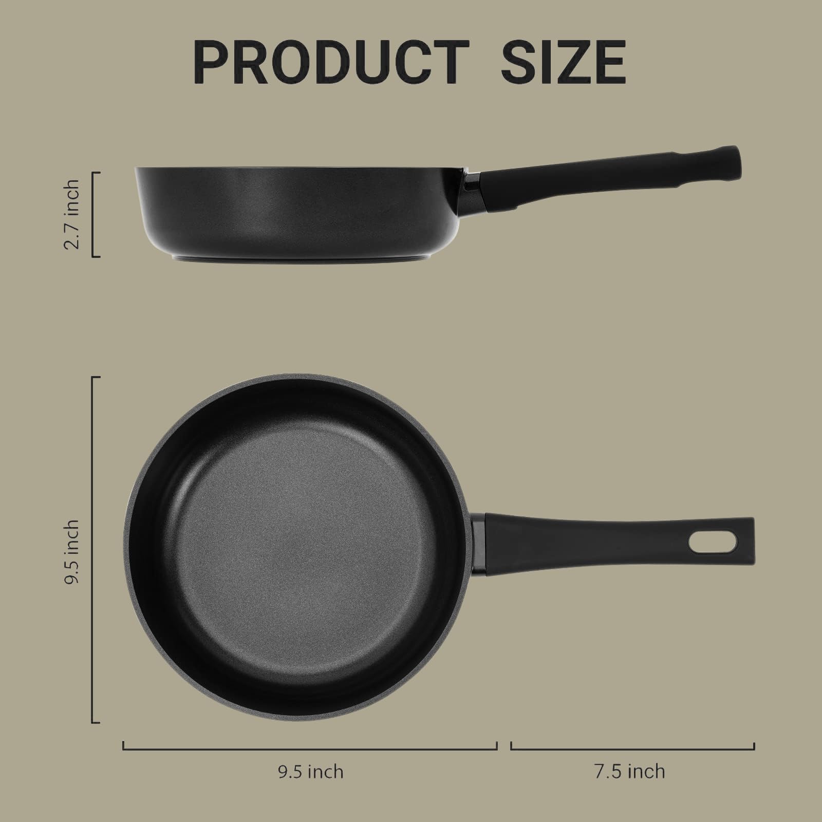 Sakuchi Nonstick Saute Pan with Lid - 9.5 Inch Black Granite Deep Frying Pan with Lid for Effortless Cooking and Deep Frying, Suitable for All Stoves, Induction Compatible, PFOA Free
