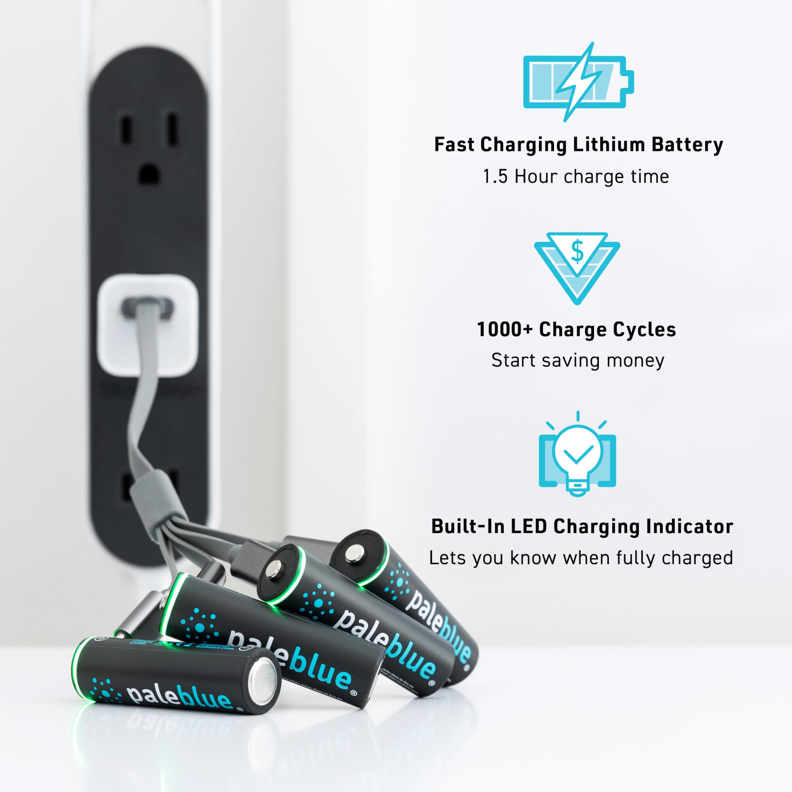 USB Rechargeable AA Batteries by Pale Blue, Lithium Ion 1.5v 1700 mAh, Charges Under 1 Hours, Over 1000 Cycles, 4-in-1 USB-A to USB-C Charging Cable, LED Charge Indicator, 4-Pack