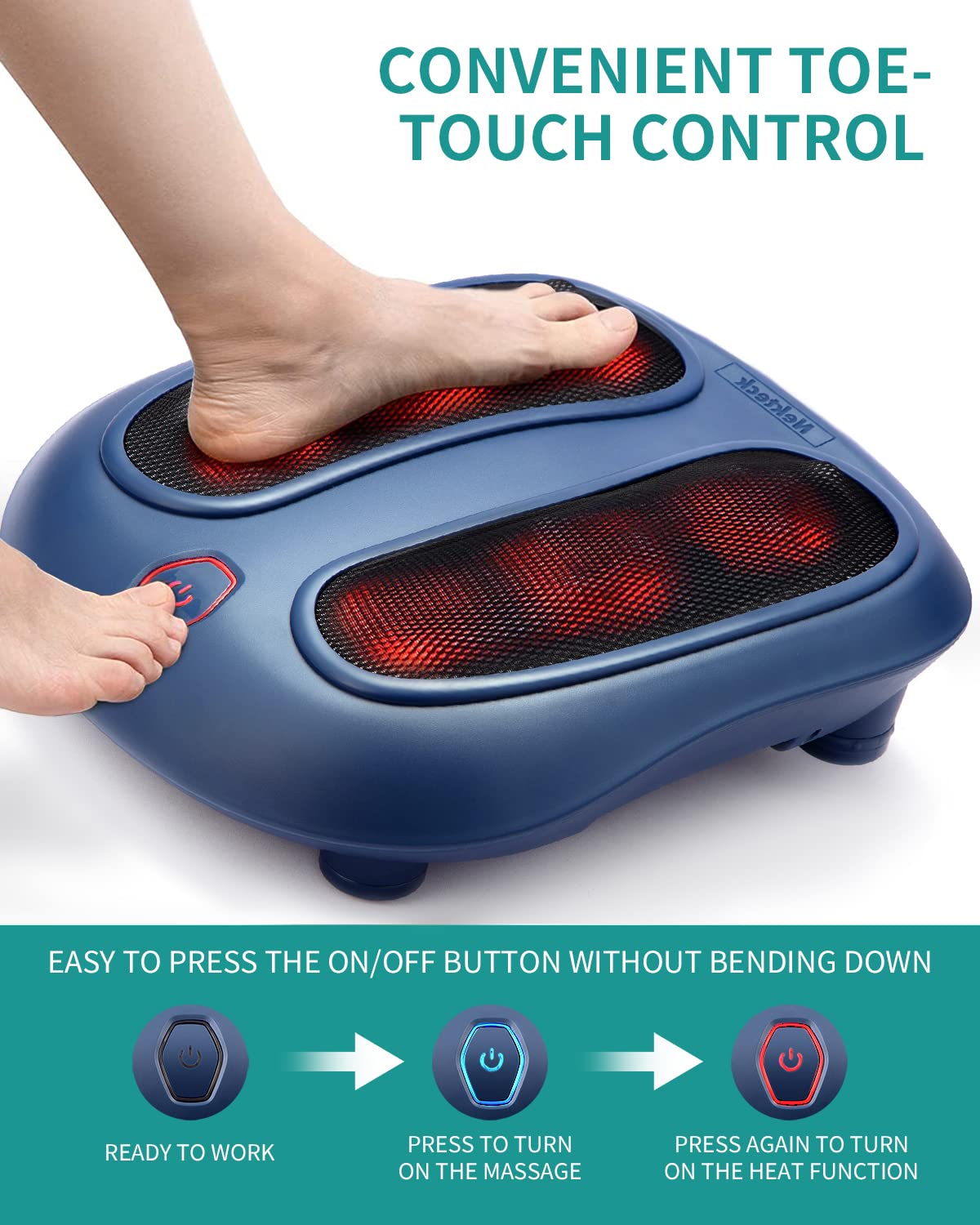 Nekteck Foot Massager with Heat, Shiatsu Heated Electric Kneading Foot Massager Machine for Plantar Fasciitis, Built-in Infrared Heat Function and Power Cord(Blue)