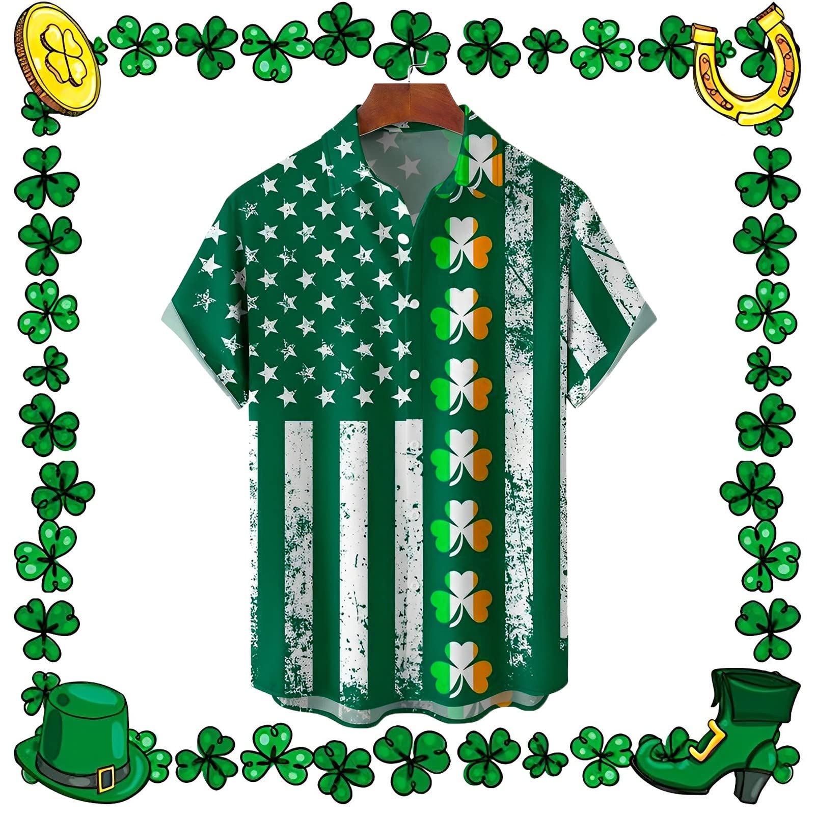 Shirts for Men Plus Size Short Sleeve Lapel Button Graphic T-Shirts Comfortable St. Patrick's Day Tees Gifts for Him