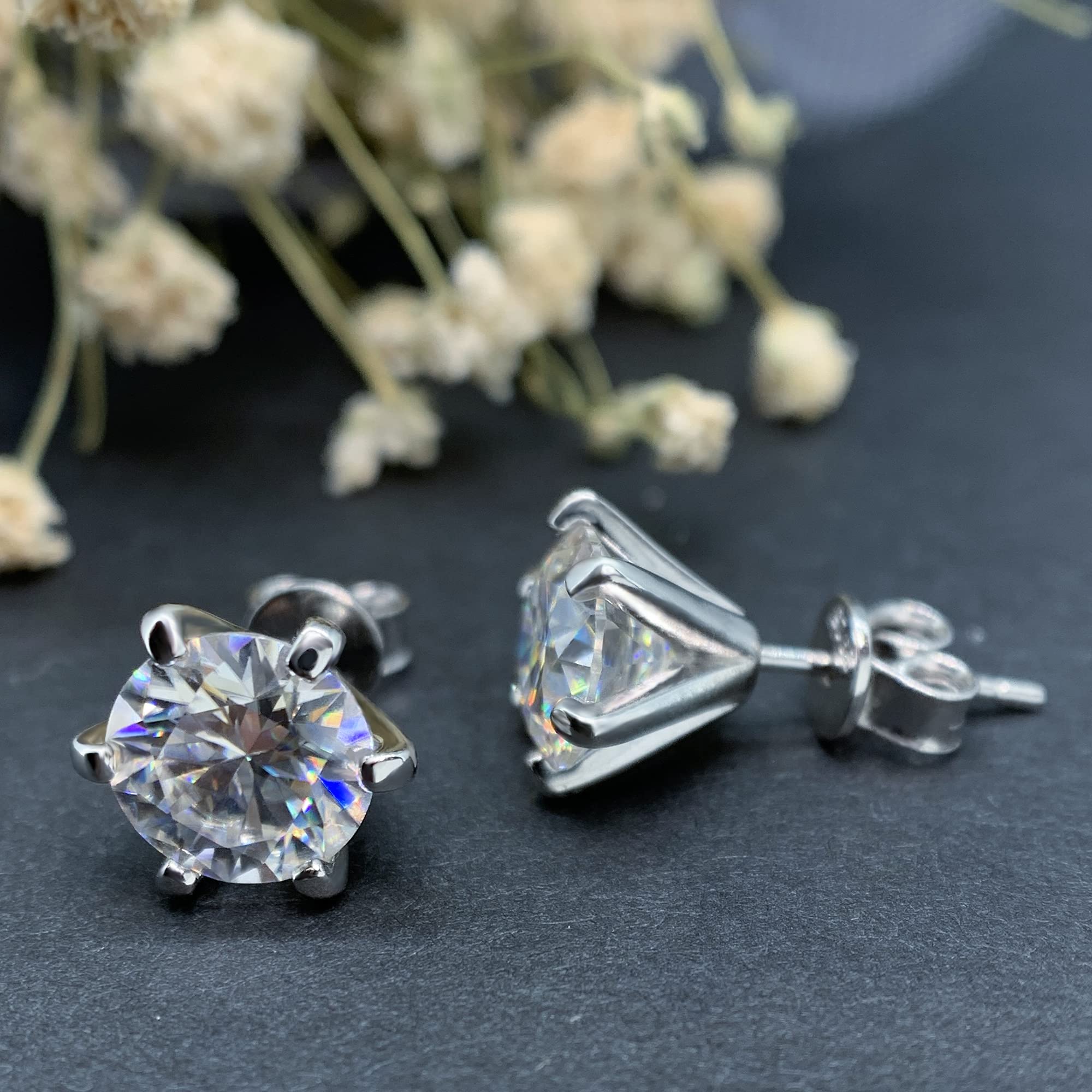 Moissanite Earring, Total 4.0ct 8.0mm EF Round Cut,18K Gold Plated 925 Steling Silver,Stud Earrings For Men Women