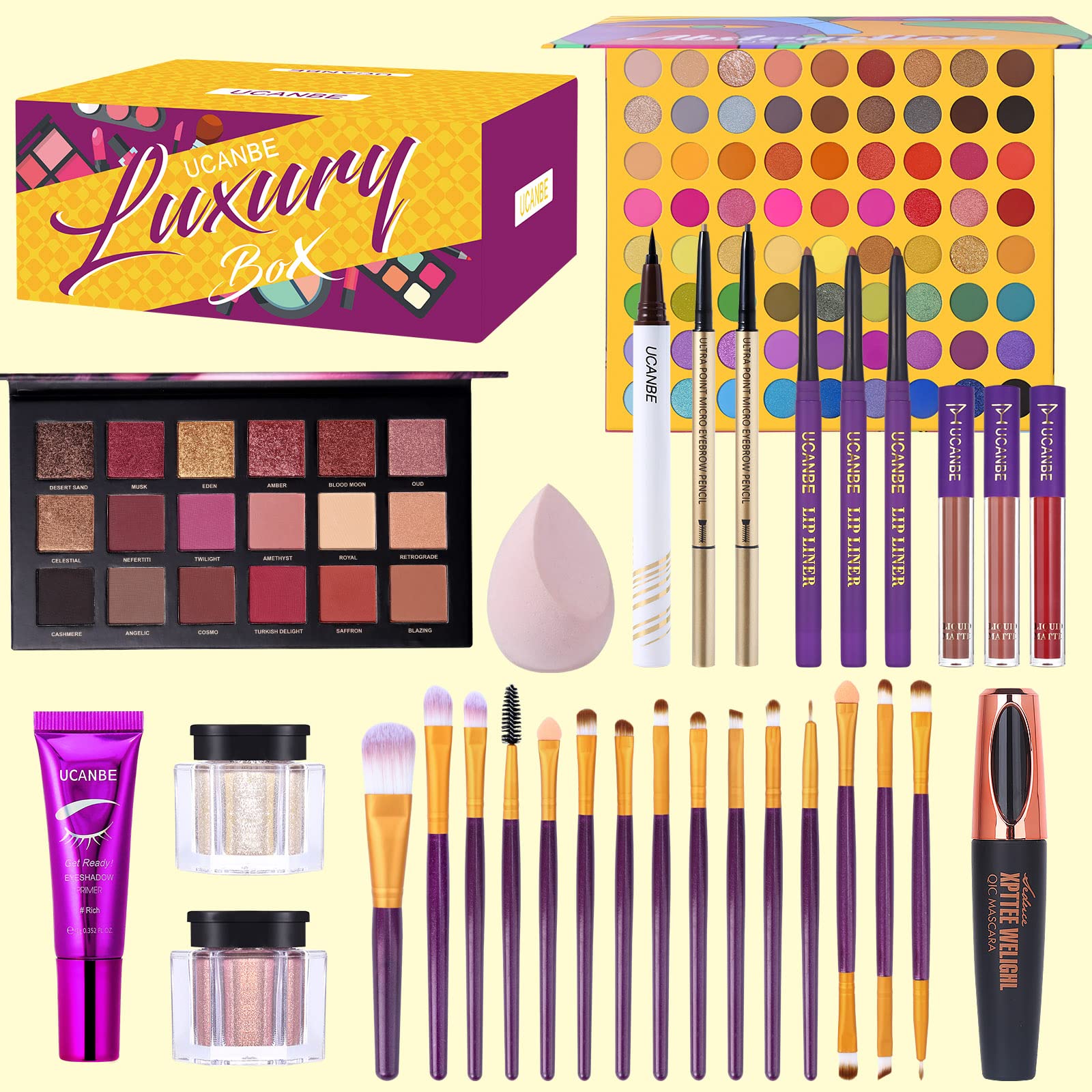 UCANBE Makeup Set for Women Full Kit - 2 Eyeshadow Palette 2 Eye Shadow Powder 3 Liquid Lipstick 3 Lip Liner 1 Eyeliner 1 Eye Primer 1 Mascara 2 Eyebrow Pencil 1 Makeup Sponge 15 pcs Brushes Gift Set