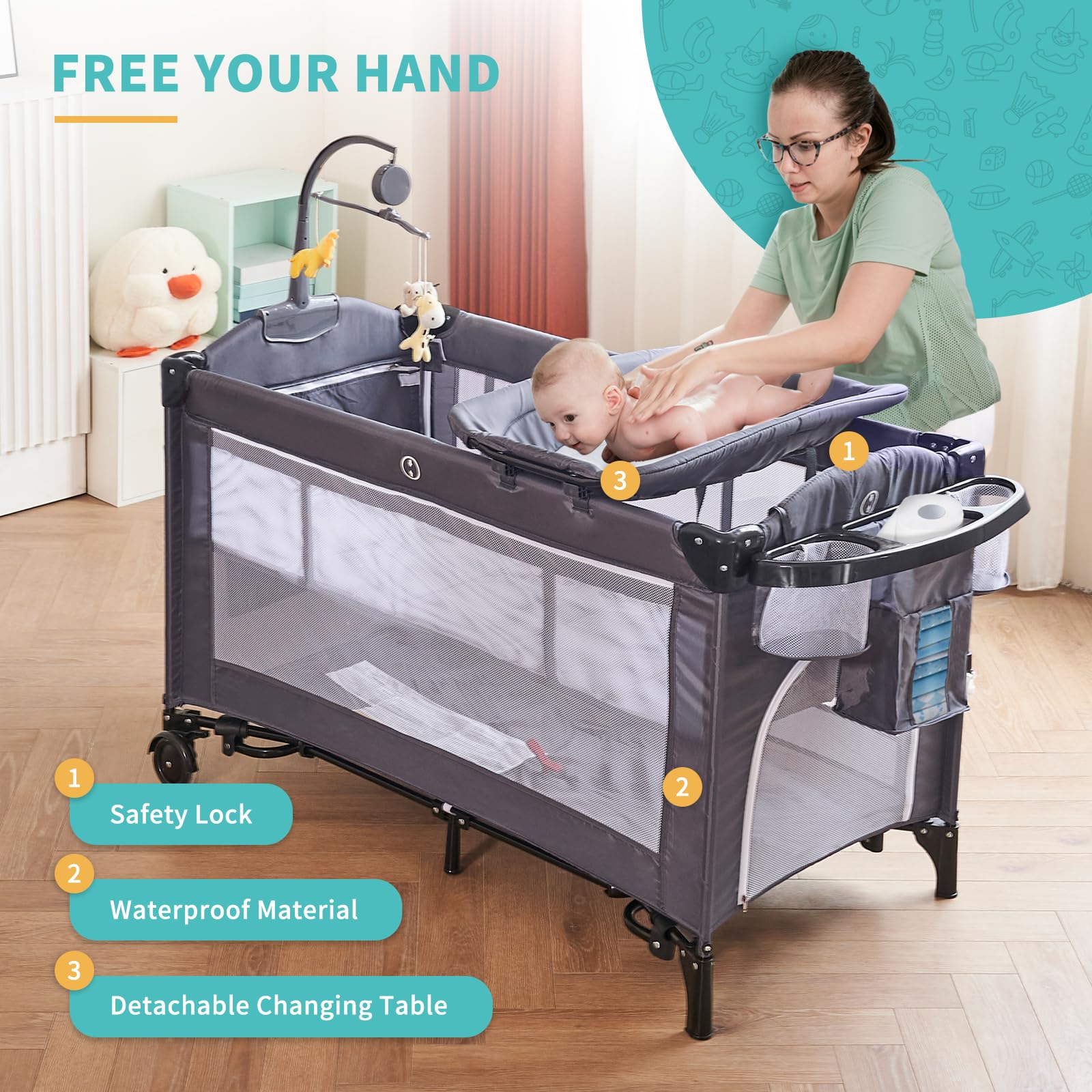MOOITZ Baby Bassinet Bedside Crib, 6-in-1 Pack and Play with Bassinet, 4 Height Adjustable Bedside Crib, Newborn Portable Bassinet with Wheels, U-Shaped Diaper Table, Music Box & Hanging Toys