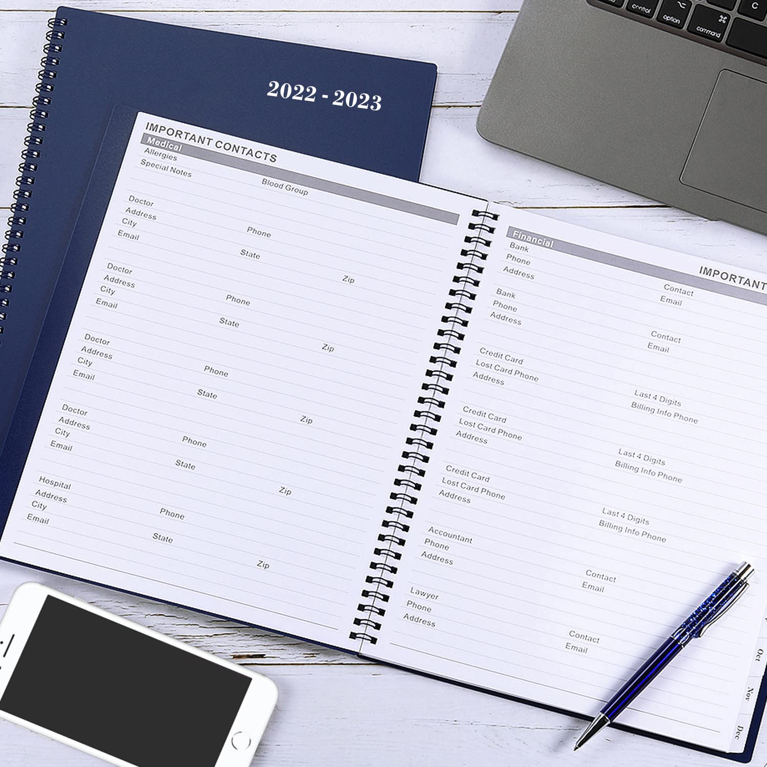 Monthly Planner 2022-2023 - 18-Month Planner with Tabs, Pocket, Label, Contacts and Passwords, 8.5" x 11", Jan. 2022 - Jun. 2023, Twin-Wire Binding - Navy Blue by Artfan