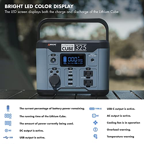 Wagan EL8832 Lithium Cube Portable Power Station 324Wh Backup Lithium Battery 120V 300W Pure Sine Wave AC Outlet 12V DC Outlet USB Outlet Solar Generator for Outdoors Camping Travel Hunting Emergency