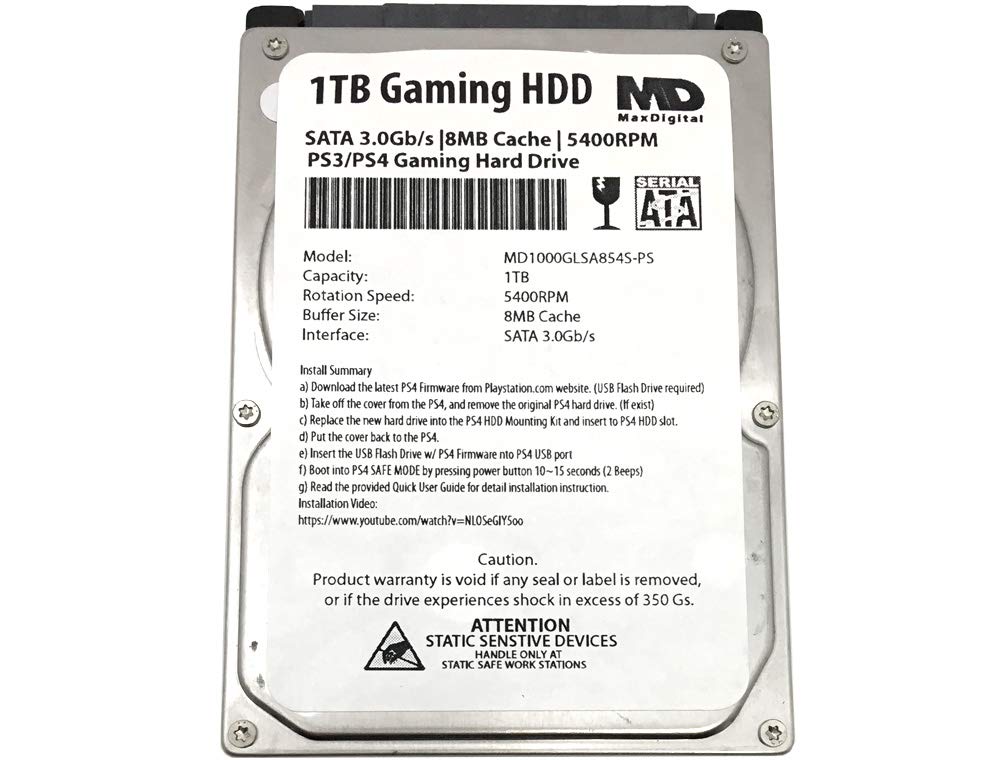 MaxDigitalData (MD1000GLSA854-PS) 1TB 5400RPM 8MB Cache (9.5mm) SATA 3.0Gb/s 2.5" Gaming Hard Drive (for PS3/PS4) - 2 Year Warranty