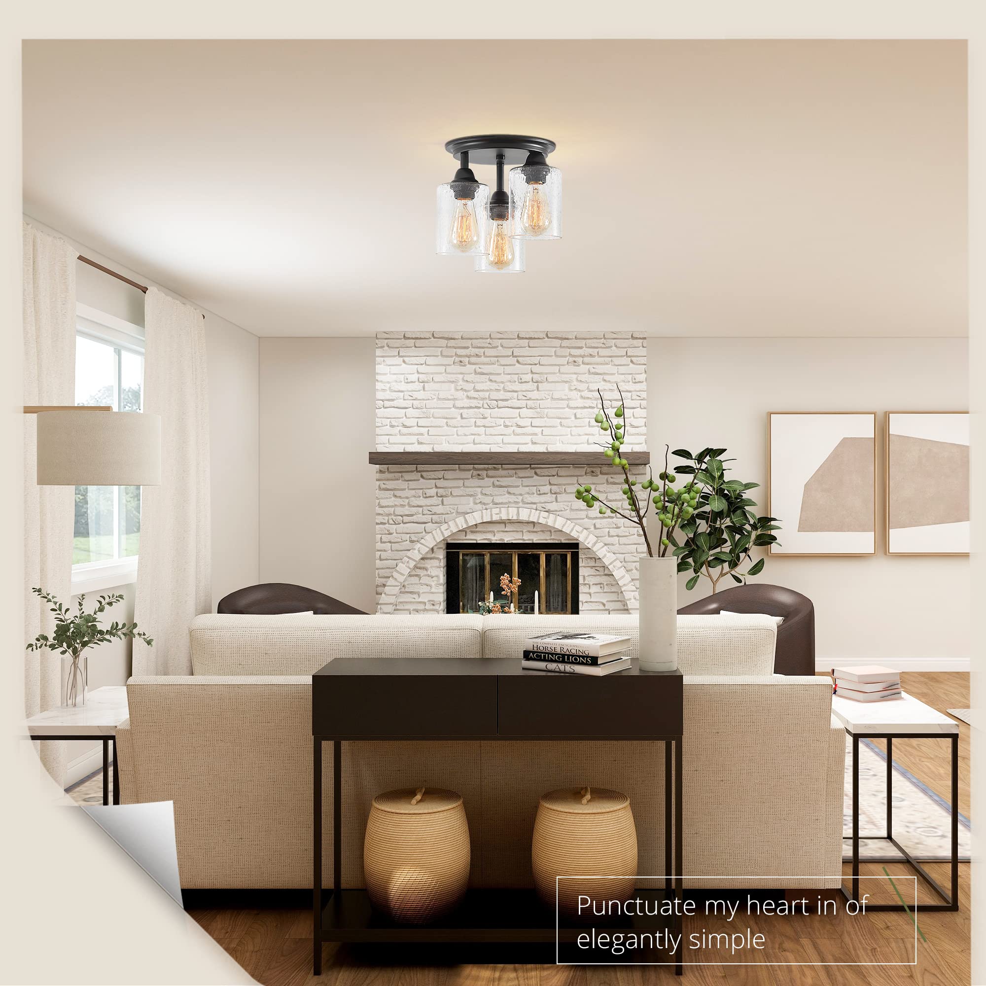LEDIARY Semi Flush Mount Ceiling Light Fixtures, 3-Light Industrial Black Light Fixtures Ceiling Mount, Kitchen Light Fixtures with Clear Seeded Glass Shades for Hallway, Entryway, Bedroom