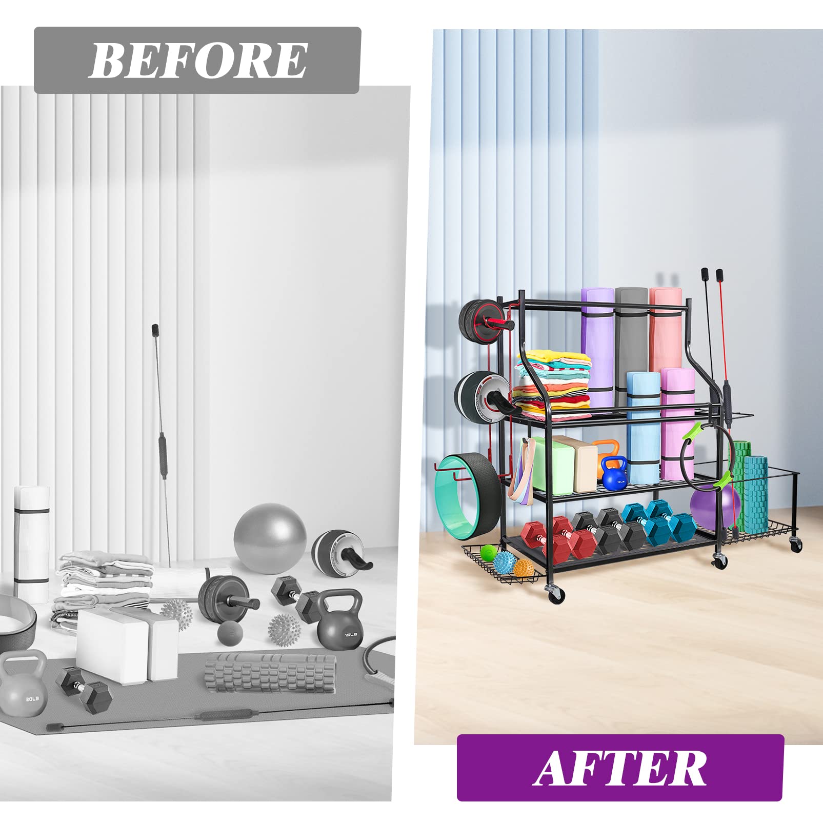 Shmilyashly Yoga Mat Storage Rack, Home Gym Storage Rack for Yoga Mat, Gym Equipment Storage Rack for Dumbbells Kettlebells Foam Roller, Exercise Shelf with Hooks and Wheels
