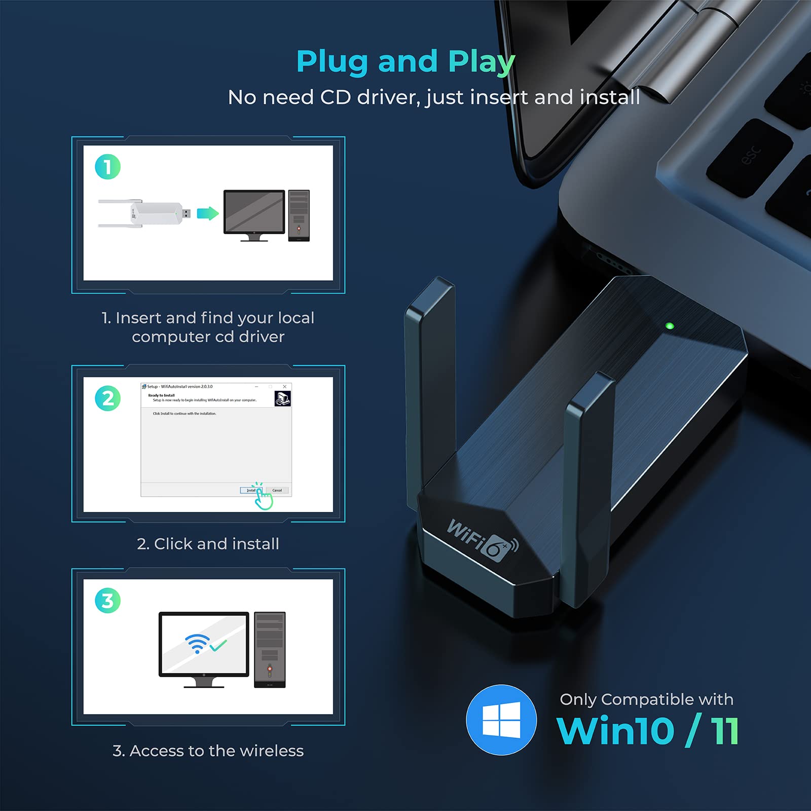 USB WiFi 6 Adapter, AX1800 USB 3.0 Dual Band WiFi Dongle USB Wireless Adapter with 1800Mbps 5G 2.4G, 802.11AC Wireless Network Dongle High Gain Antennas for PC Desktop Laptop, Support Win 10/11 Only