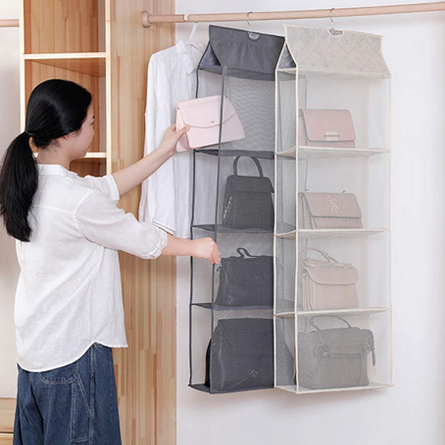 Ocean's Shop Hanging Handbag Organizer, Foldable Dust Cover Wardrobe Closet Organizer Hanging Purse Storage Holder for Space Saving (Beige, 4 Shelves)