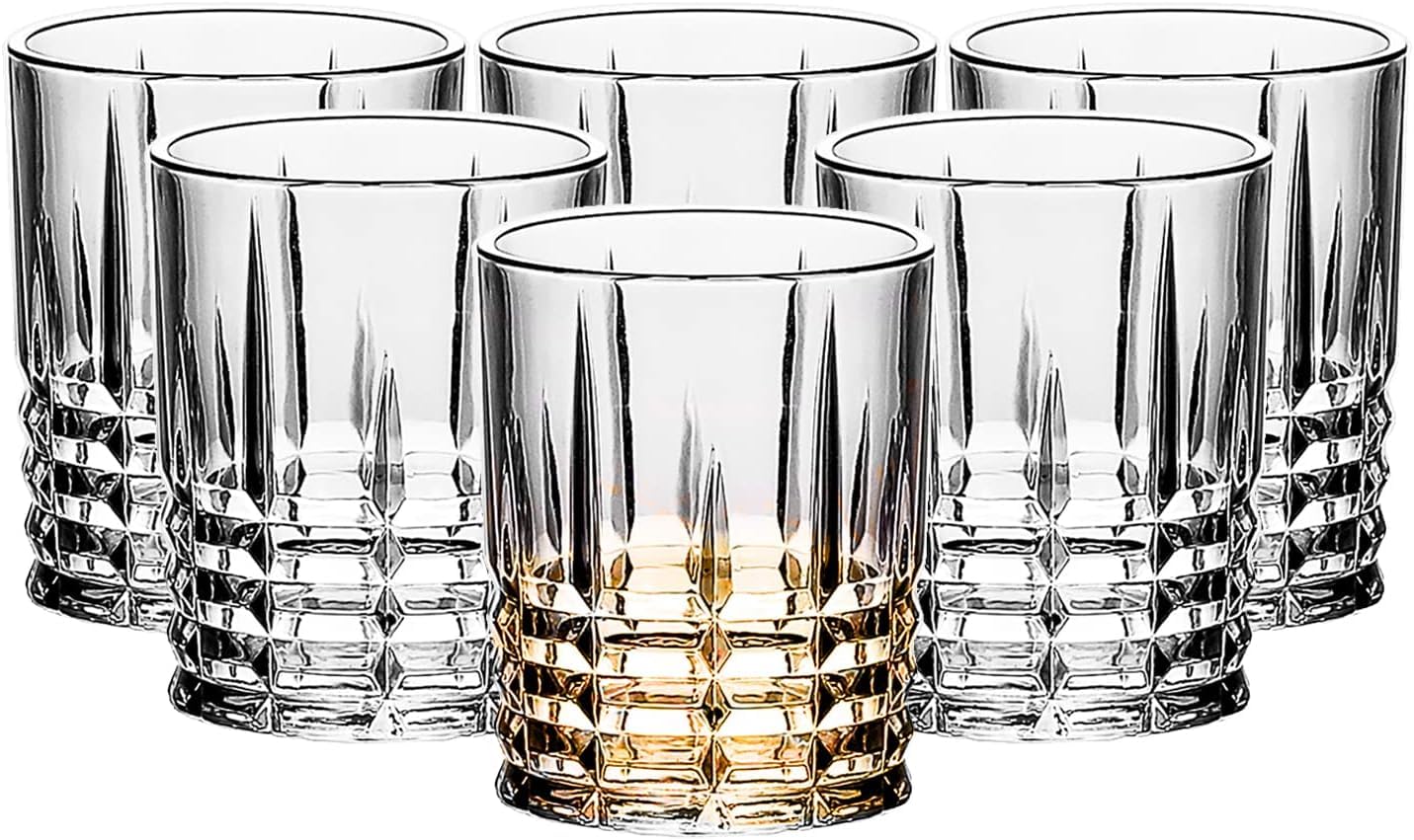 Old Fashioned Whiskey Glasses Set of 6, 11 Oz Unique Bourbon Glass, Old Fashioned Liquor Vodka Bourbon Cocktail Scotch Tumbler Bar Glasses Set