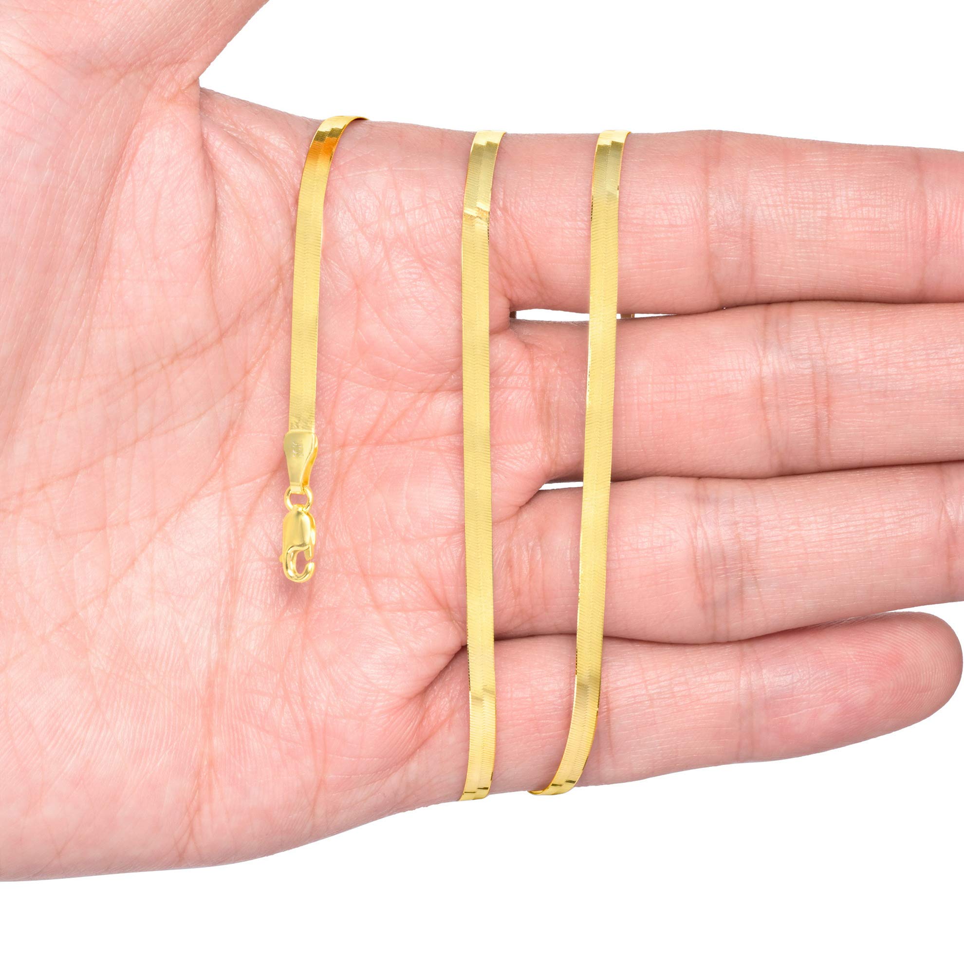 Nuragold 14k Yellow Gold 3mm Solid Herringbone Silky Flat High Polish Chain Necklace, Womens Lobster Clasp 14" 16" 18" 20" 22" 24"