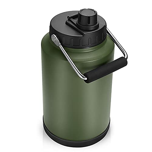 Sursip 128OZ Insulated Water Jug,One Gallon Vacuum Stainless Steel Double Walled Water Bottle with Stainless steel Handle,18/8 Food-Grade Insulated Water Bottle,Travel Drinking Water Flask-Army Green