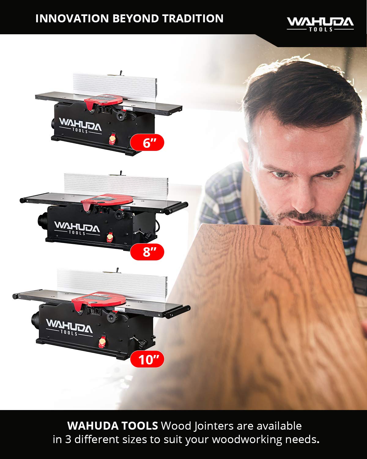 Wahuda Tools Jointer - 10-inch Benchtop Wood Jointer, Spiral Cutterhead Portable Jointer, Cast Iron Tables w/Pull Out Extensions, 4-Sided Carbide Tips & 12amp Motor, Woodworking Tools (50110CC-WHD)