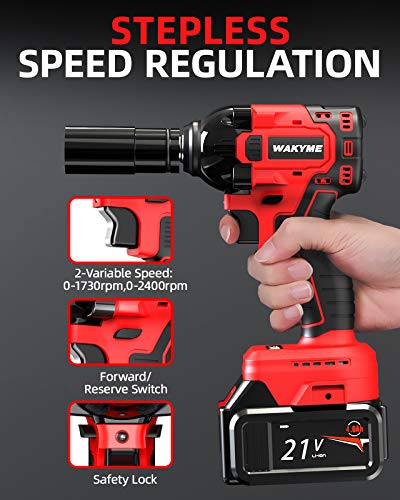 WAKYME 21V MAX Cordless Impact Wrench Kit, 1/2" Brushless Compact Wrench Power Tool Kit, TWO 4.0AH Li-ion Battery, 7Pcs Driver Impact Sockets, Fast Charger, Belt clip, Tool Box (250 Ft-lb Torque)
