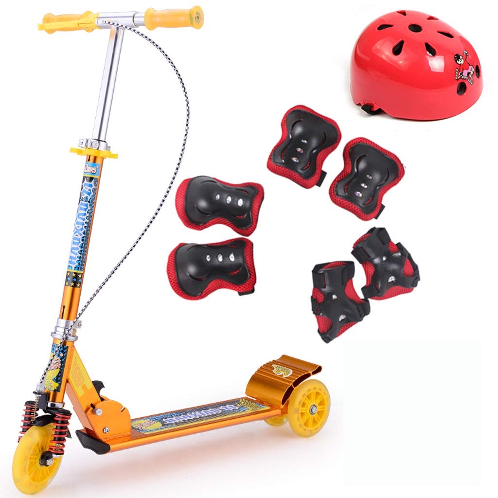Moolo Foldable Children Kick Scooter,Kids 3 Wheel Double Brakes Commute Adjustable Handle Height Youth with Protective Gear 2-14 Years Old Bearing Weight 100kg (Color : Orange)