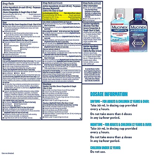 Maximum Strength MUCINEX Fast-MAX Severe Congestion & Cough Clear & Cool & MUCINEX Nightshift Cold & Flu Clear & Cool Liquid (2 x 6 fl. oz.) Multi-Symptom Relief with a Burst of Cooling Menthol
