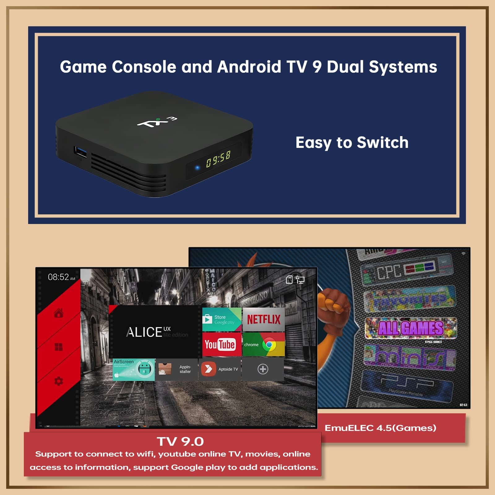 Retro Game Console Built in 90,000+ Classic Games, S905X3 Chip, 256G Video Game Console All in One, Gaming Consoles Compatible with Atari/Mame/PS1/PSP/Gameboy, Game System with 2 Controllers