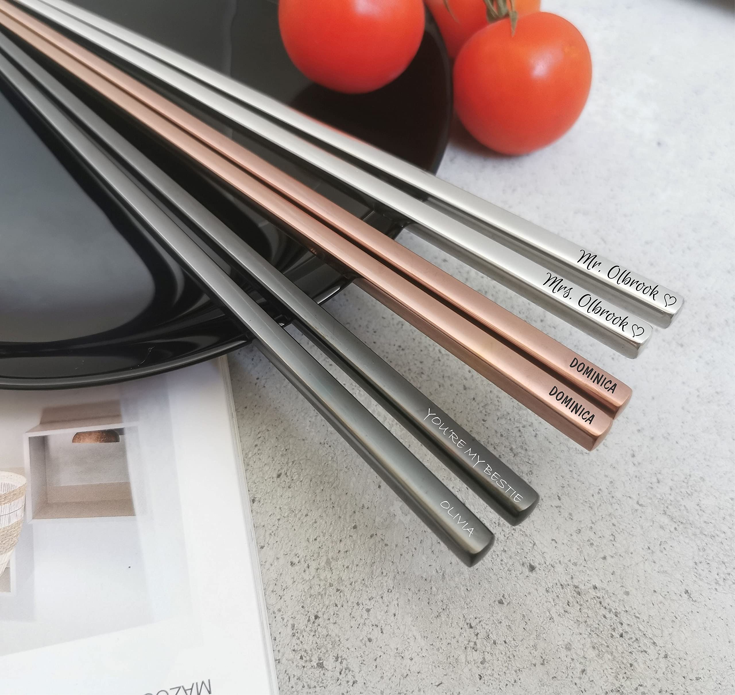 OBTIAN Custom Chopsticks Set Personalized Laser Engraved Gift Stainless Steel Metal Colorful Name Custom Chopsticks Gift for Boyfriend Girlfriend Gift Gift for Friends
