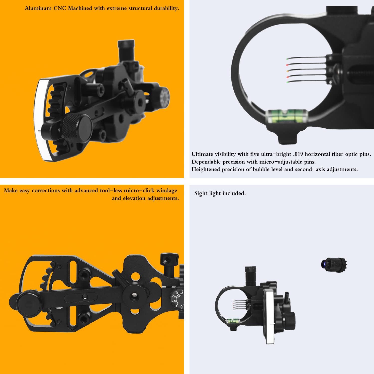 Perogen Archery Compound Bow Sight 5 Pin Lightweight Durable Machined Aluminum .019" Fiber Optic ¡
