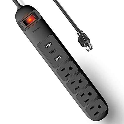 Power Strip with USB C, Manymax Mountable Flat Plug Extension Cord with 4 Widely Spaced Outlets, 3 USB Charging Ports (1 USB C), Wall Mount 6 Feet Extension Cord, for Home Office Hotel-Black (1 Pack)