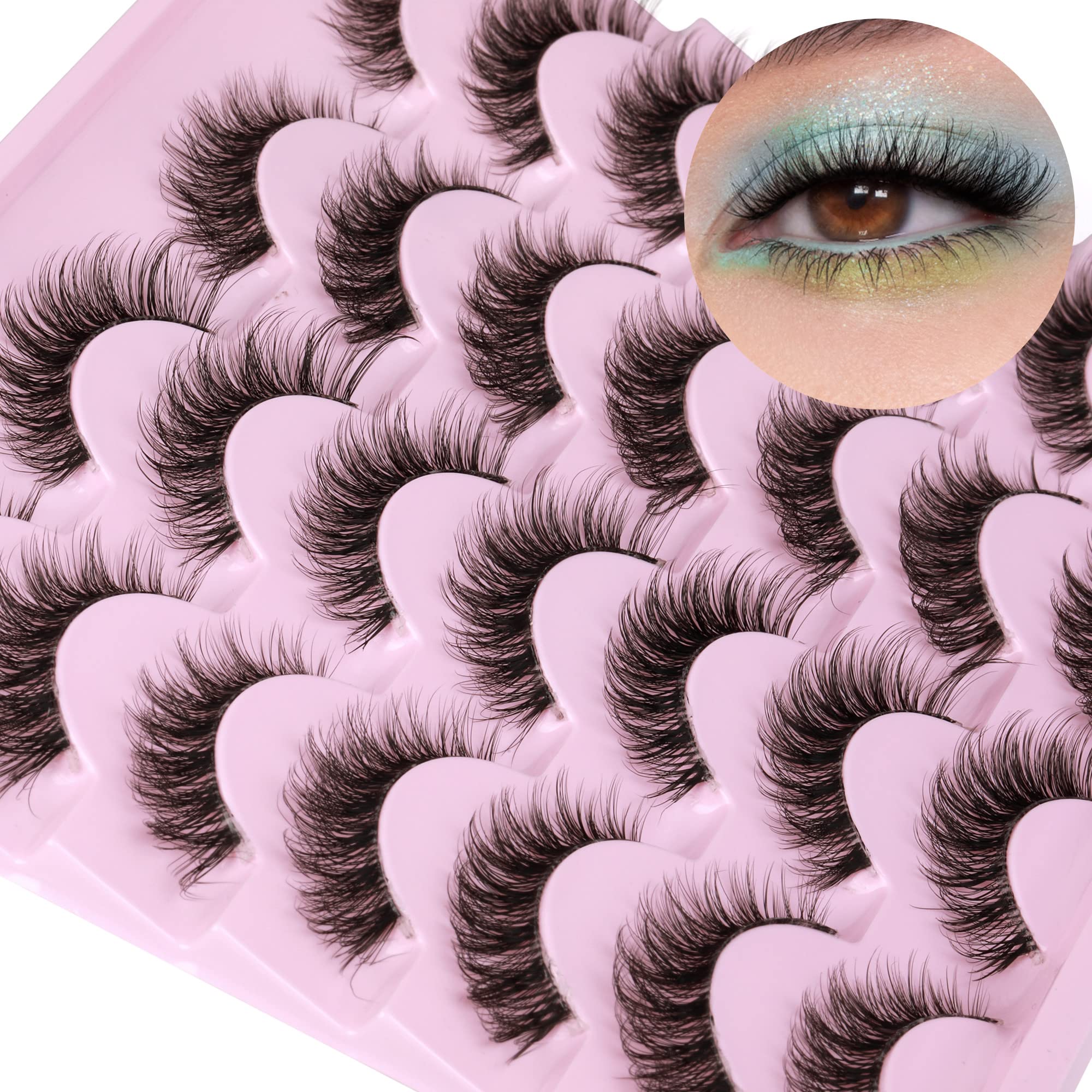 Newcally Lashes Mink False Eyelashes Natural Look Wispy Clear lash Band Fake Eyelashes Fluffy 3D Curly Strip Volume Cat Eye Lashes Pack 14 Pairs