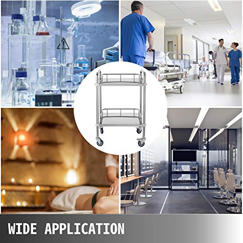 VEVOR 2-Shelf lab cart with Wheels Stainless Steel Rolling cart Lab Cart Utility Cart with high-Polish Stainless Steel 2 Lockable Wheels for Fixing