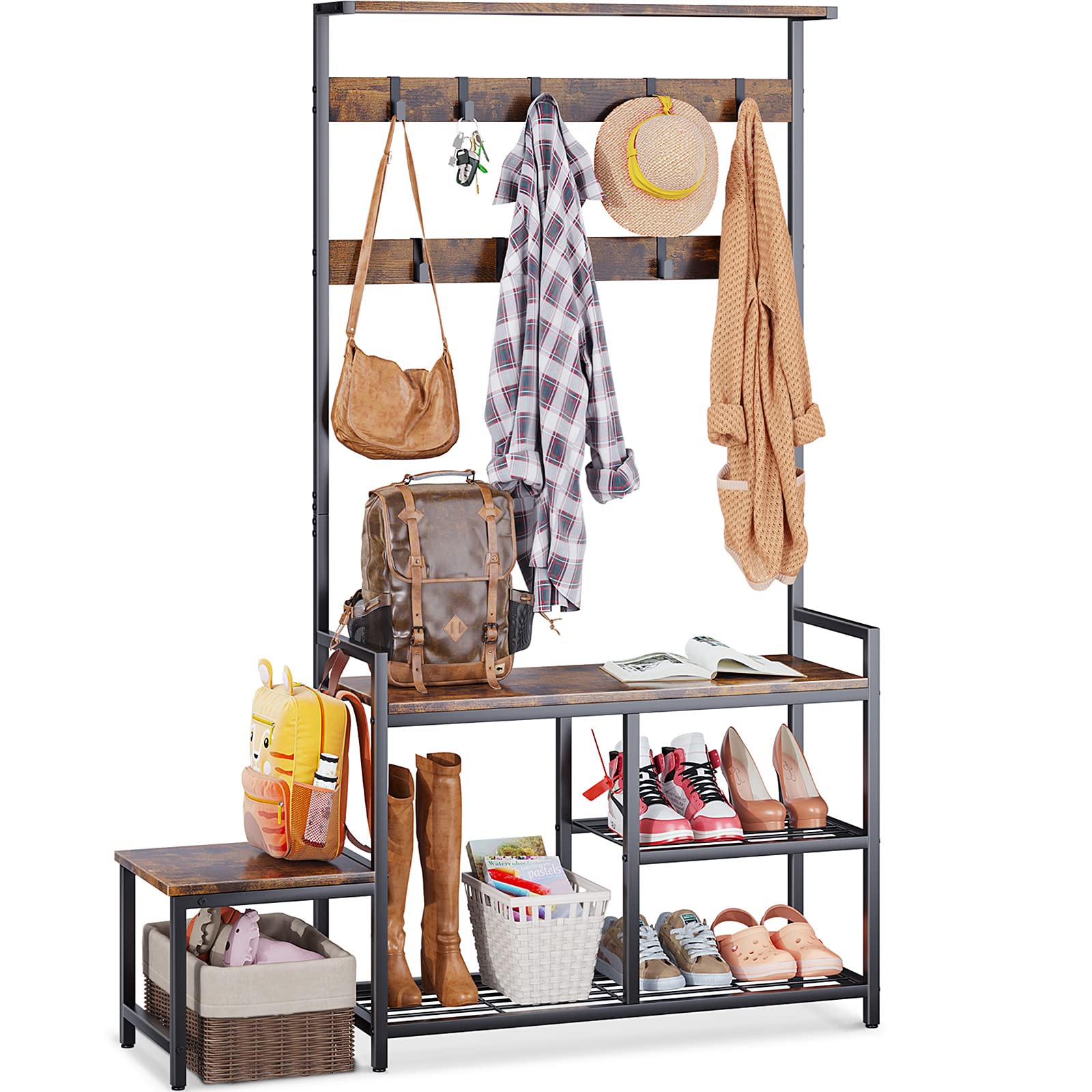 ODK Parent-Child Hall Tree with Bench and Shoe Storage, Entryway Rack with Metal Frame and Hooks, for Entrance, Foyer, Mudroom (Rustic Brown)