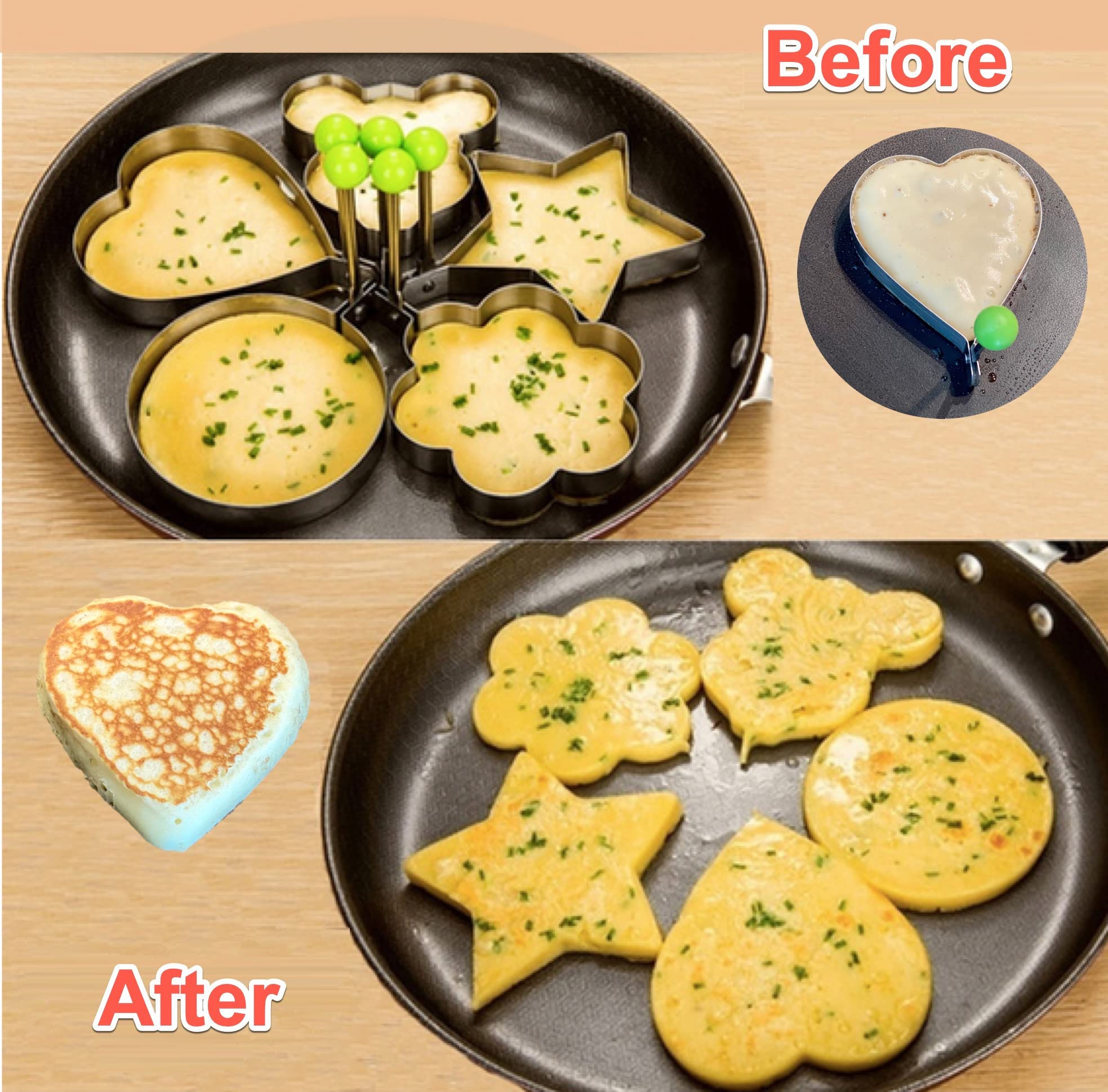 Unique Fried Egg Shaper, Omelette, Pancake, Scrambled Eggs DIY Mold Rings, Specialty Cooking Tool with Handle, Mold Non Stick Stainless Steel for Griddle Pan, Heart, Flower Shape Mickey-like 3Pcs/set