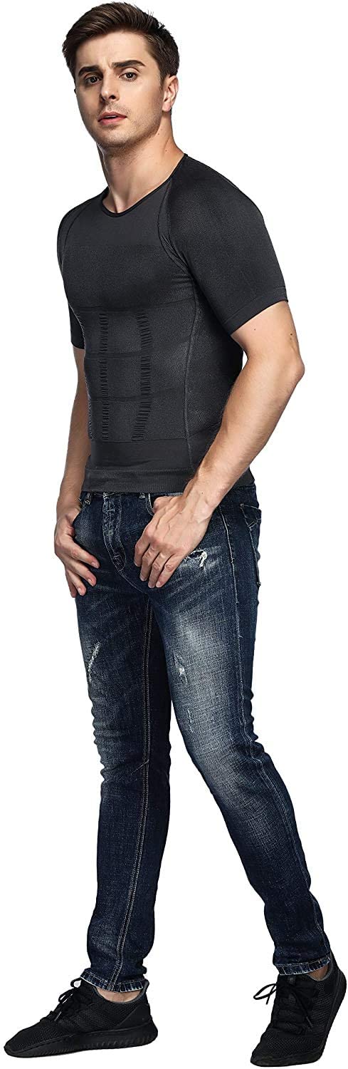 Odoland 3 Pack Men's Body Shaper Slimming Shirt Tummy Vest Thermal Compression Base Layer Slim Muscle Short Sleeve Shapewear, Grey/Grey/Grey, XL
