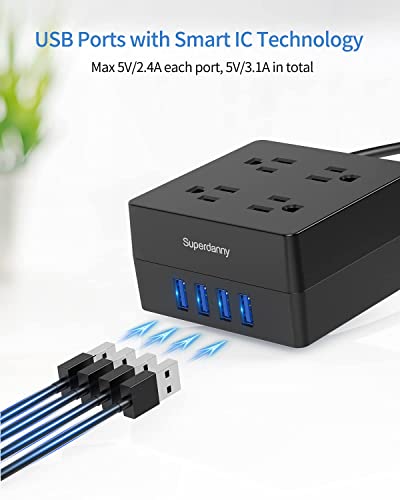 Power Strip, SUPERDANNY 4-Outlet 4-USB Surge Protector, 5 Ft Extension Cord, 900 Joules, Overload Switch, Grounded, Mountable, Desktop Charging Station for Home, Office, School, Dorm, Computer, White