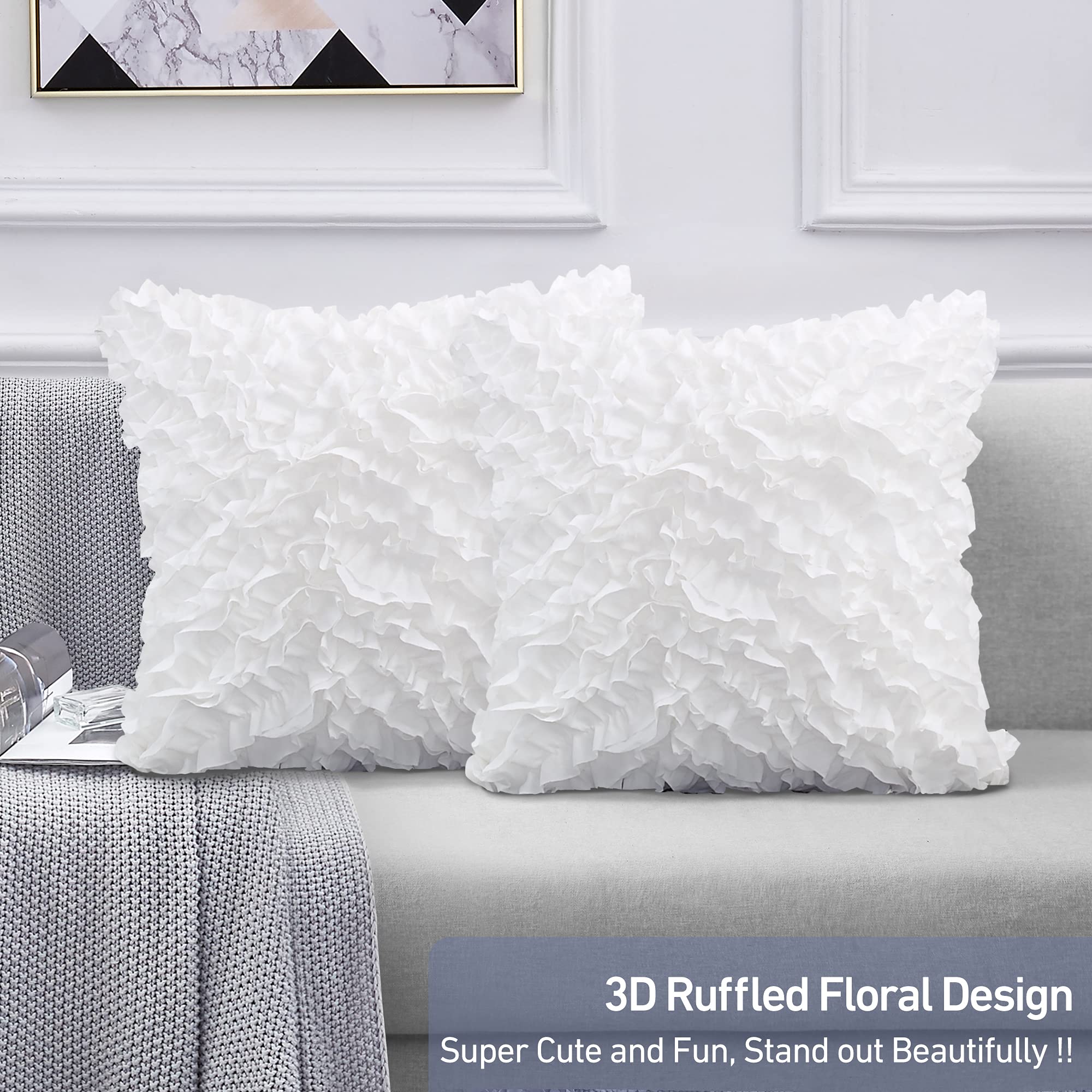 Leeden 18x18 Pillow Covers, Cushion Throw Pillow Cover Pillowcase Set of 2, Farmhouse Decorative Cushion case, 3D Design Handmade Pillowcase with Ruffles, White