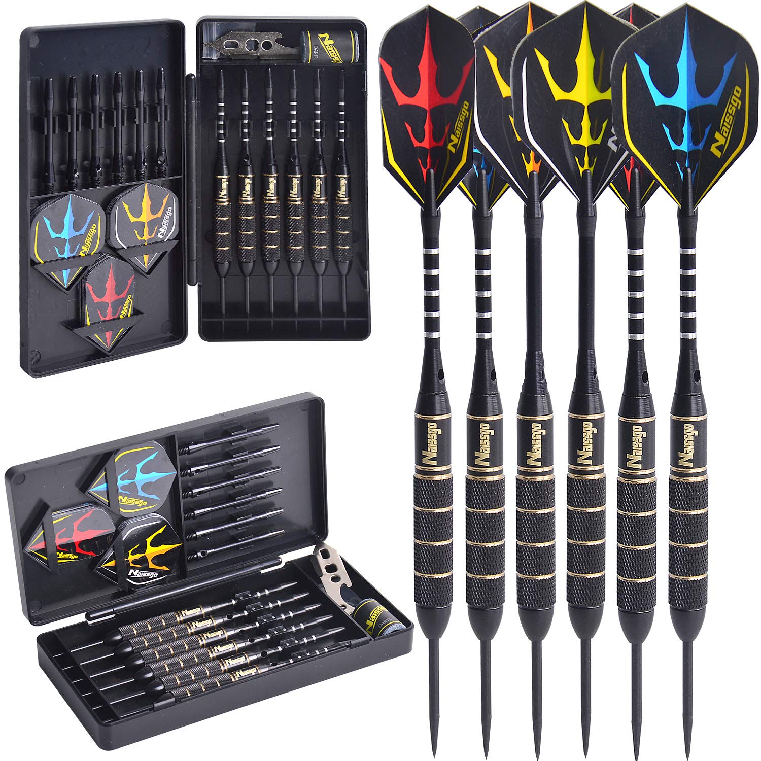 Naissgo Steel Tips Darts Set - Professional Darts Steel Tip with Brass Barrels and Extra Aluminum Shafts, O-Rings, Flights + Dart Tool and Sharpener + Gift Case (Plastic Black Box 22g)