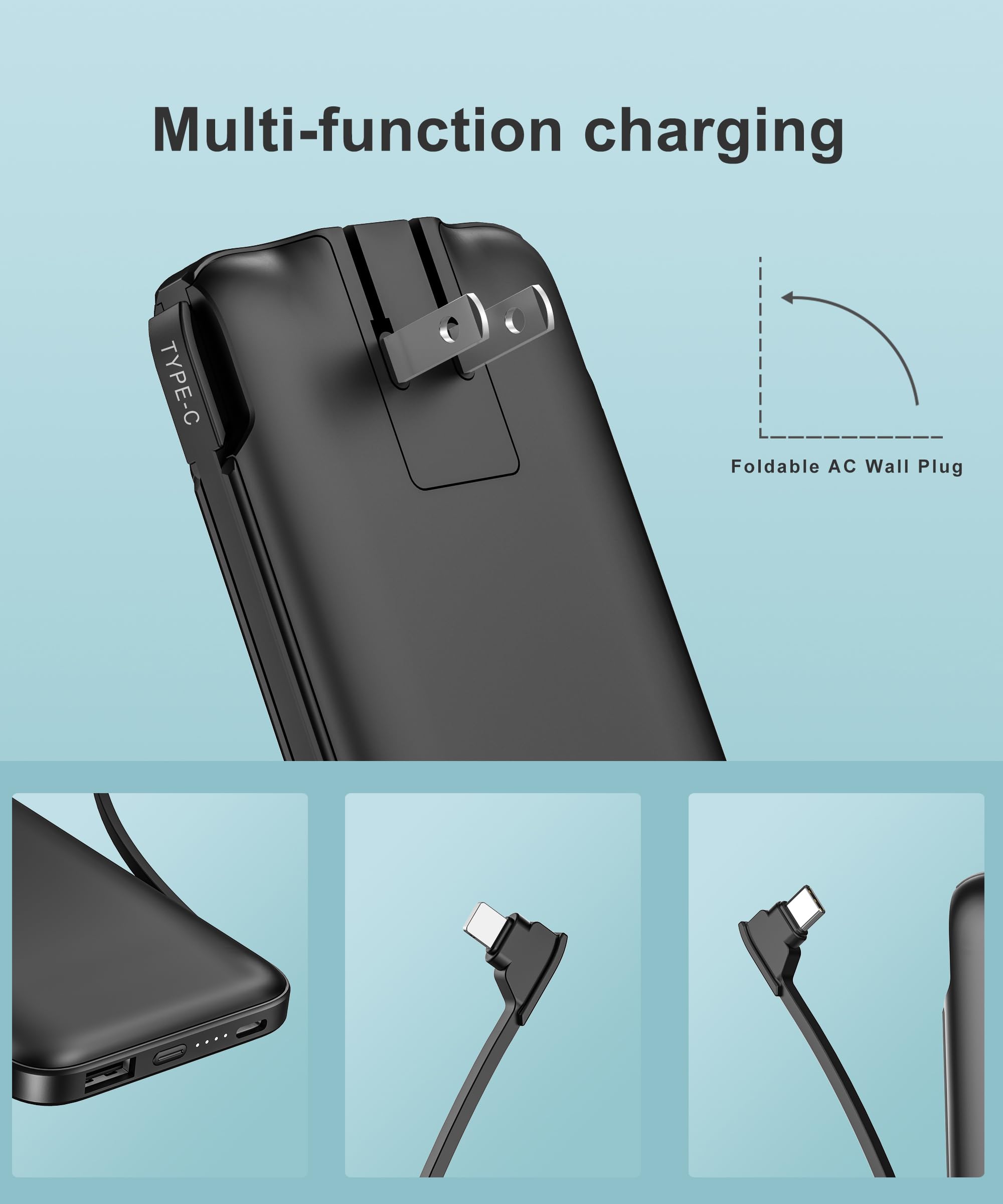 Metecsmart Portable Charger Power Bank with Built in Cable and AC Wall Plug, 10000mAh Fast USB C Phone Charger, Slim Thin Mini Charging Battery Pack Compatible with Smartphones and All USB-C Devices