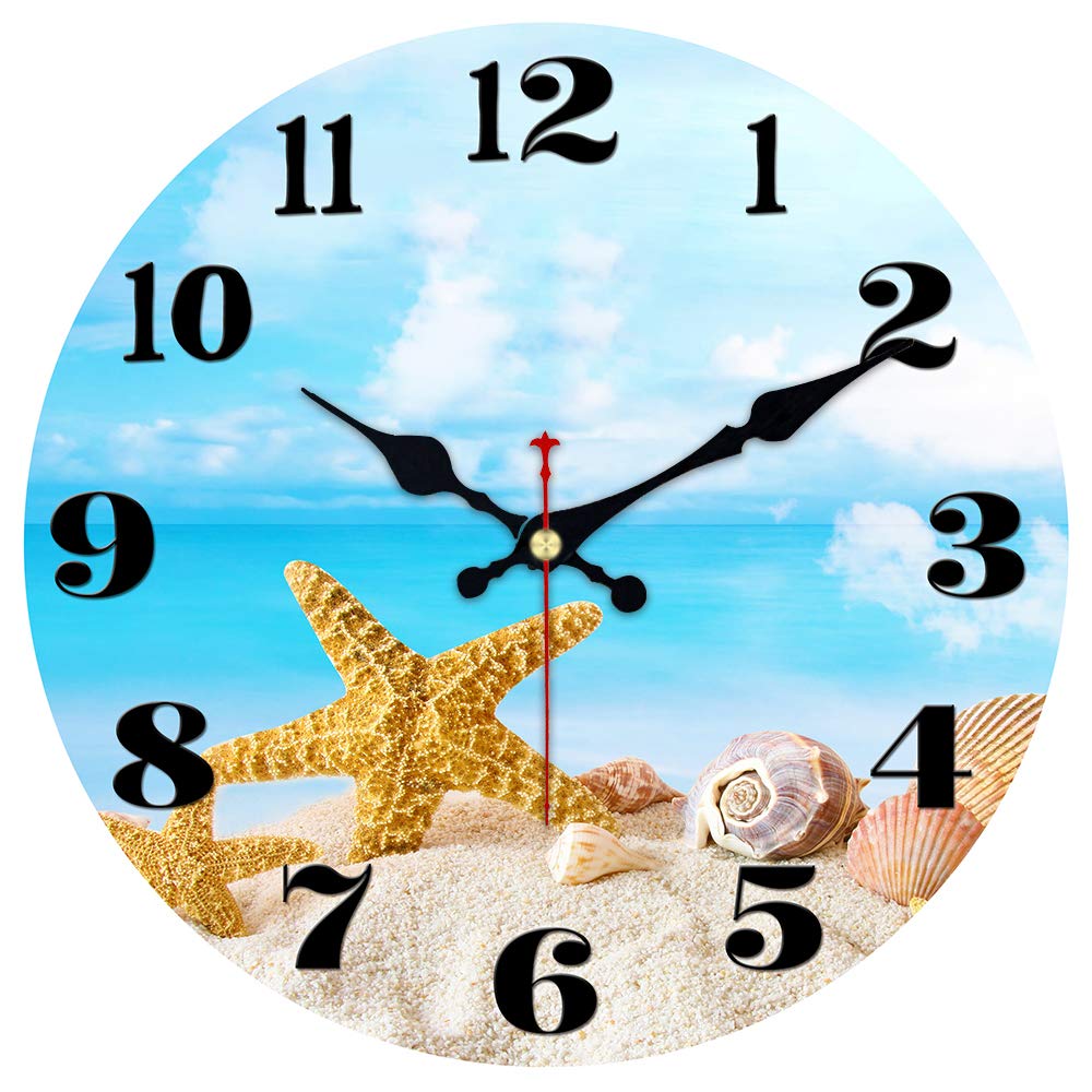 MEISTAR Modern Style Non-Ticking Silent 14 Inch Wood Wall Clock,Office and School Decorative Big Round Easy to Read Starfish Sea Creatures Becah Pattern Wall Clock