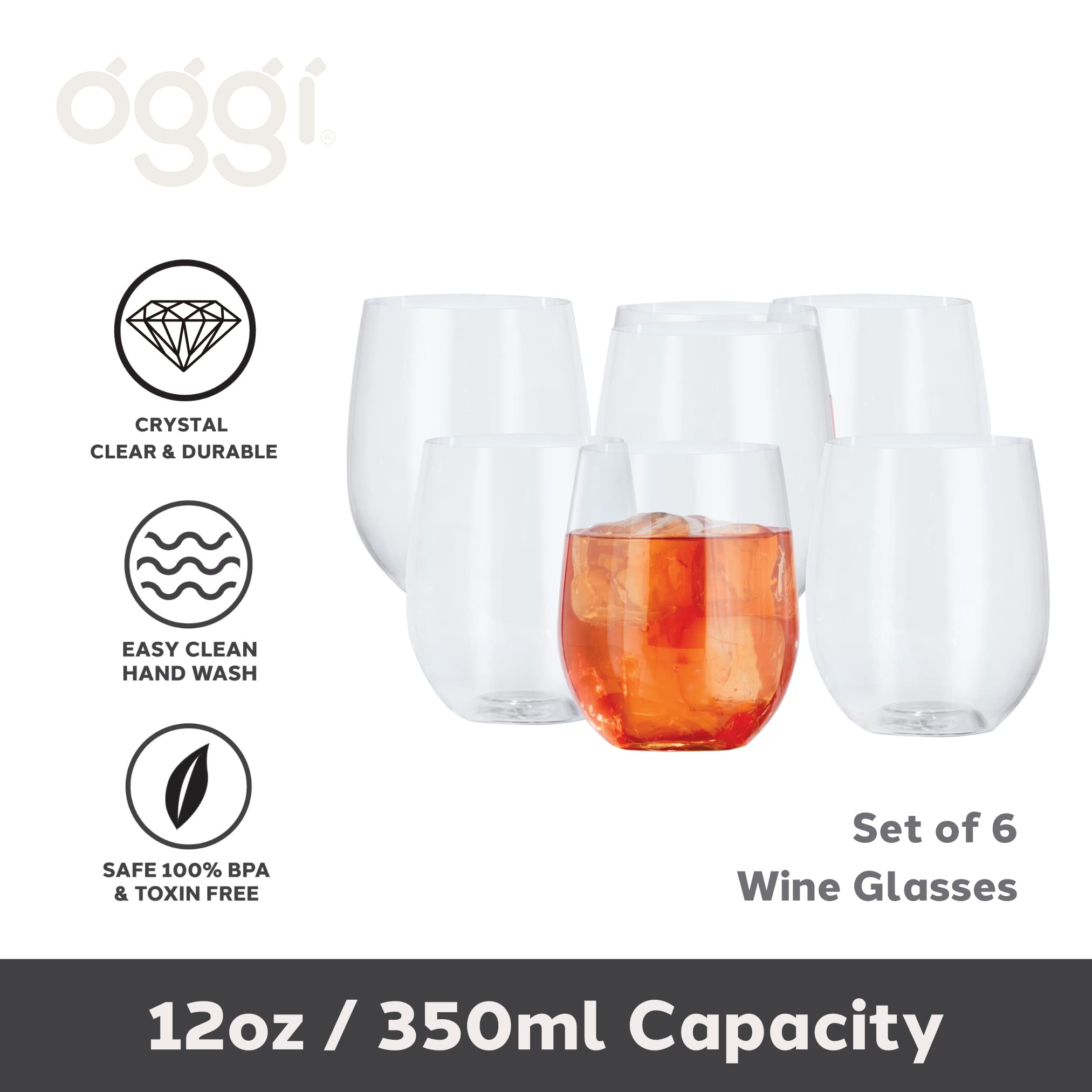 Oggi Unbreakable Wine Glasses, Set 6 - Elegant Reusable Plastic Wine Cups, Stemless Wine Glass Tumbler Design, Shatterproof Plastic, Ideal for Indoor and Outdoor Use, Recyclable - 12oz / 350ml