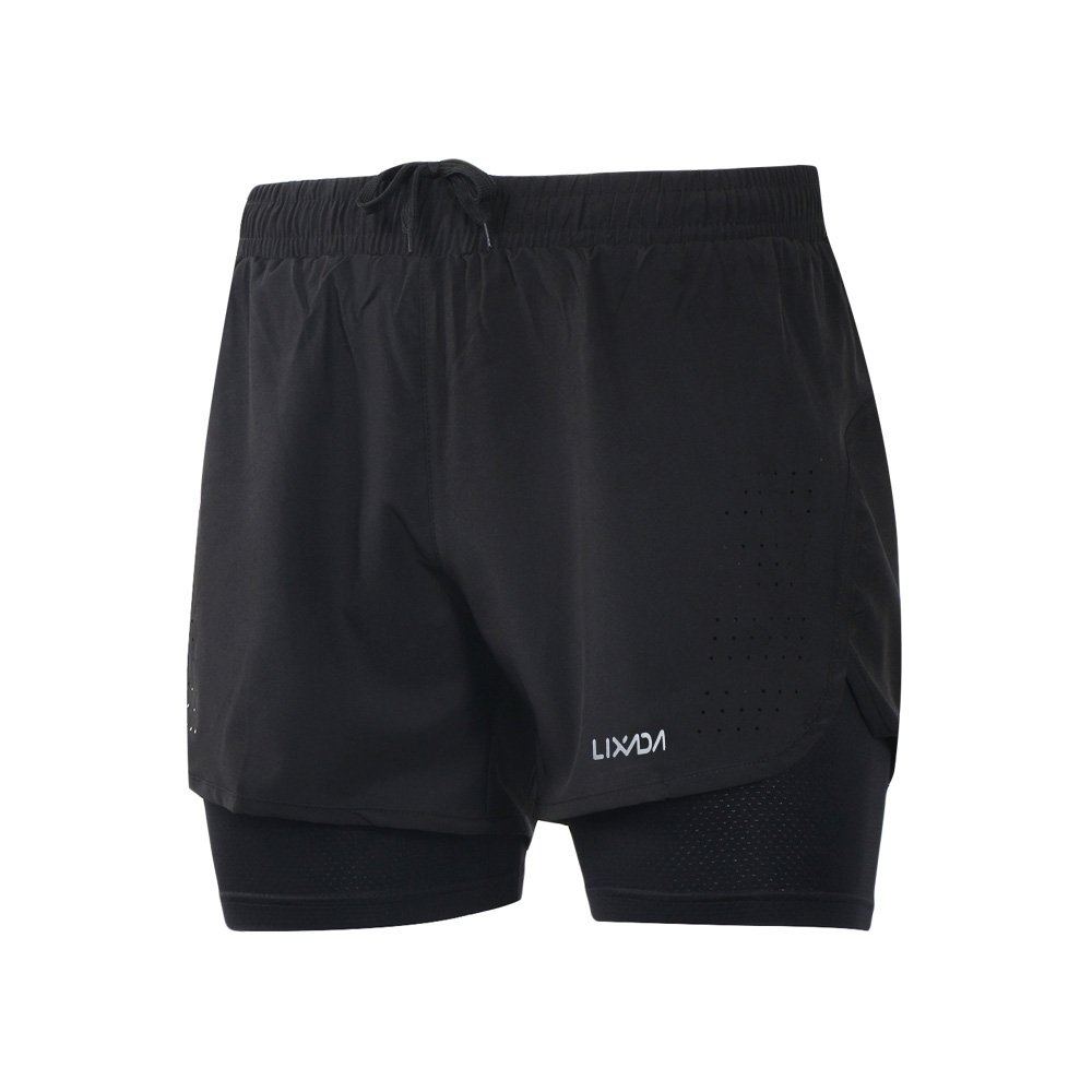 LIXADA Men's 2-in-1 Running Shorts Quick Drying Breathable Active Training Exercise Jogging Cycling Shorts (Black, L)