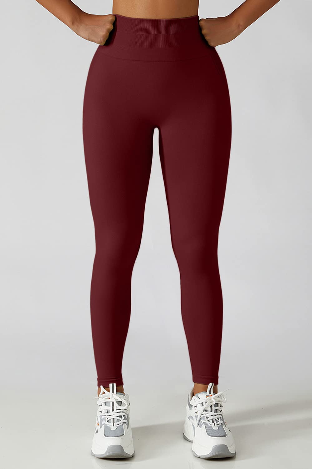 QINSEN Womens's Seamless Workout Pants Tummy Control High Impact Ankle Length Leggings Wine S